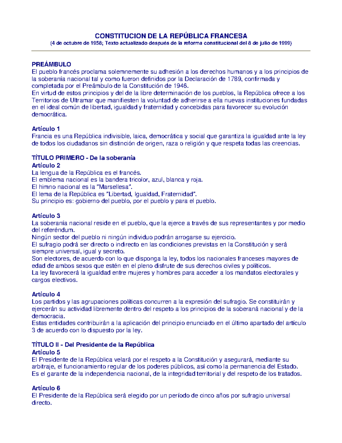 Francia - hjk - CONSTITUCION DE LA REPÚBLICA FRANCESA (4 de octubre de ...