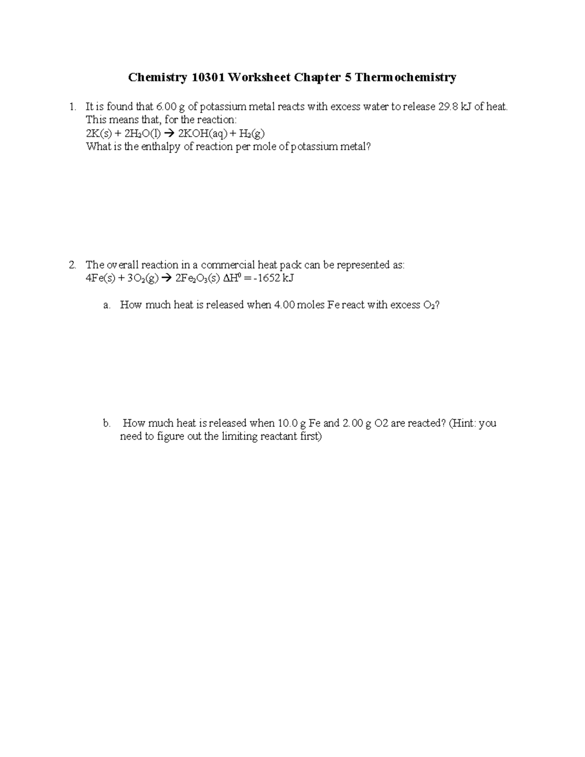 Chemistry 10301 Worksheet Chapter 5 Thermochemistry 2 - Chemistry 10301 ...
