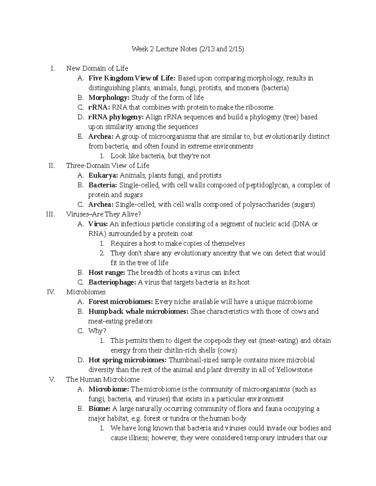 Week 2 Lecture Notes Week 2 Lecture Notes 2 13 And 2 15 I New Domain Of Life A Five