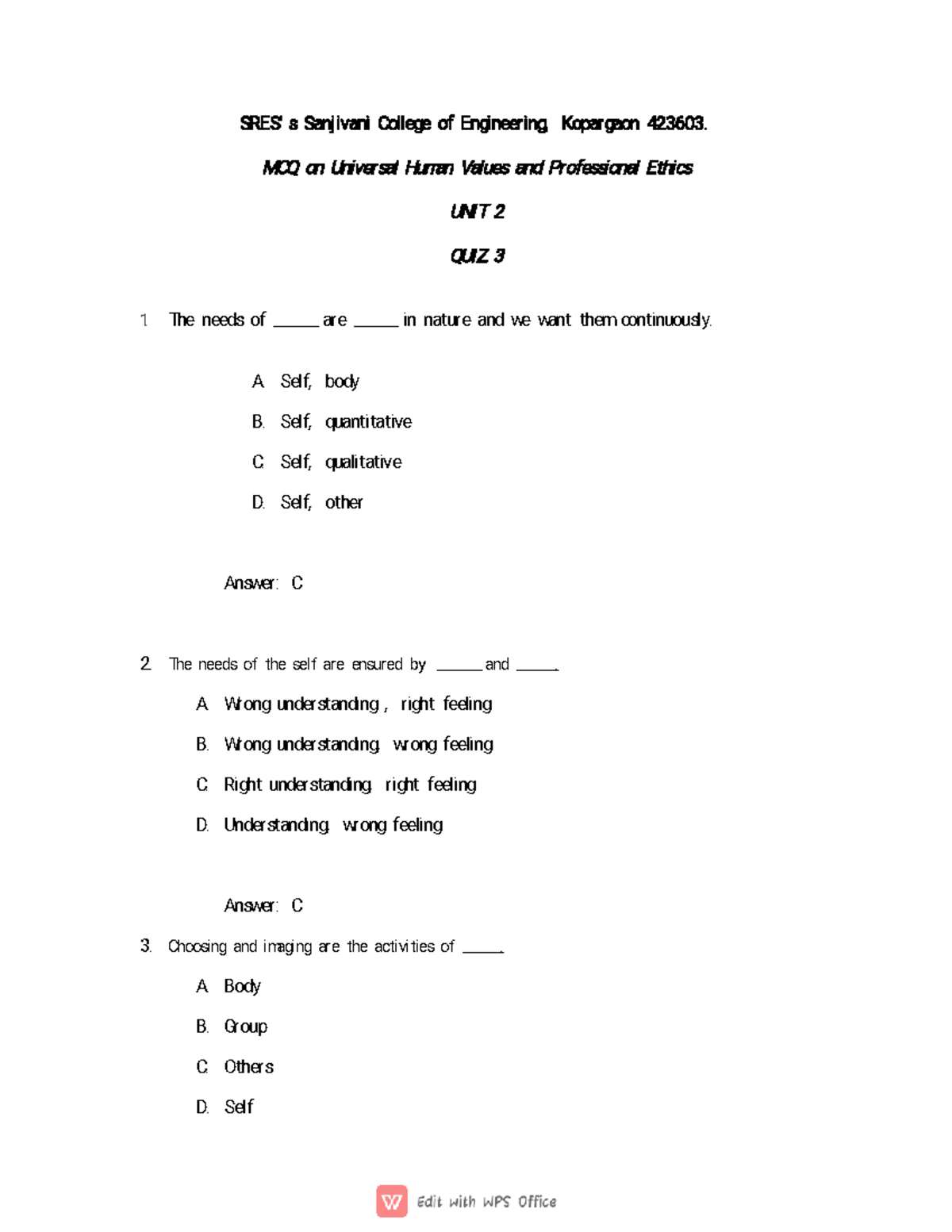 UNIT 2 - QUIZ 3 - Document universal human values syllabus and question ...