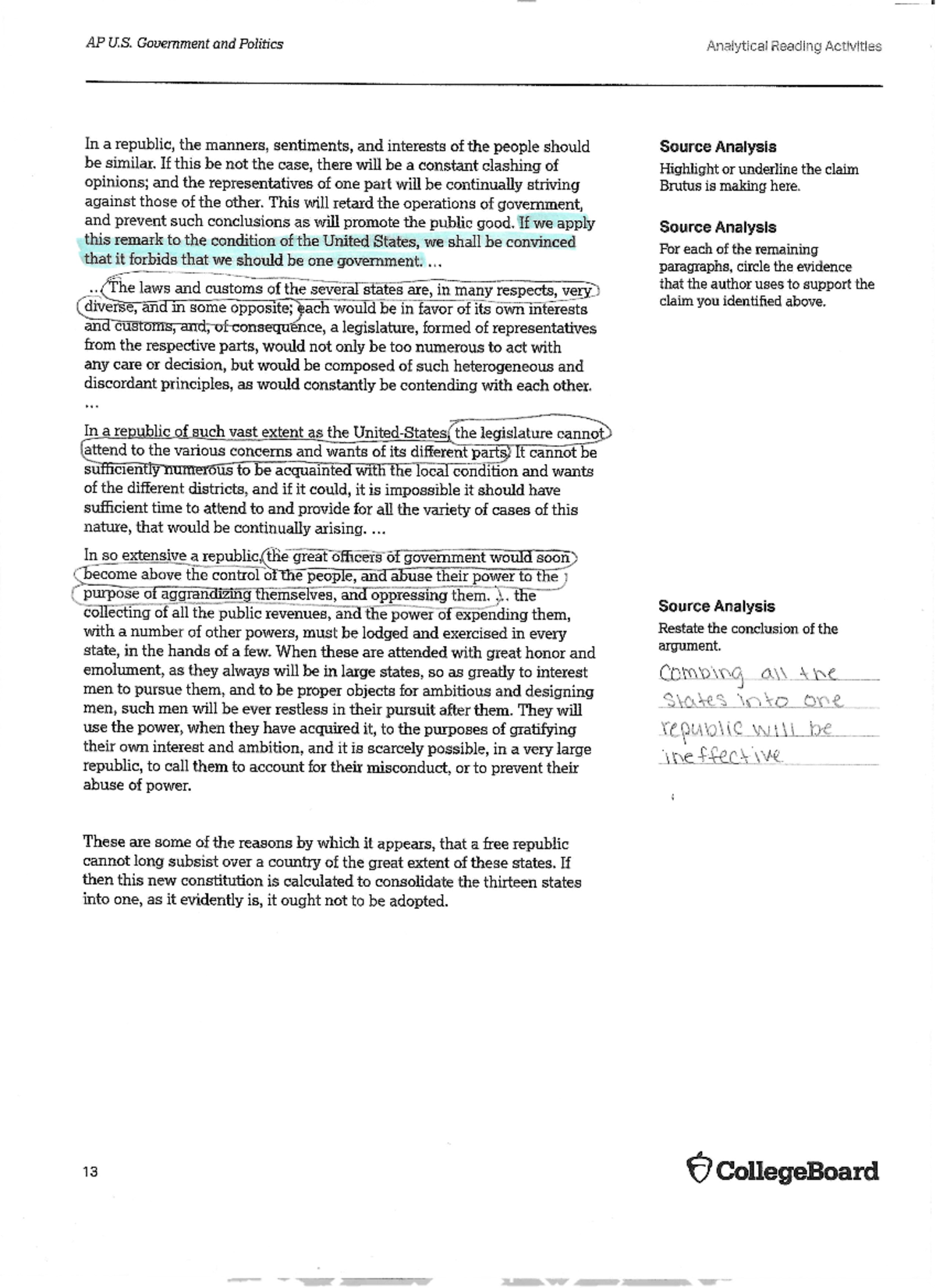 Analytical reading Brutus no 1 4of6 - AP U. Government and Politics ...