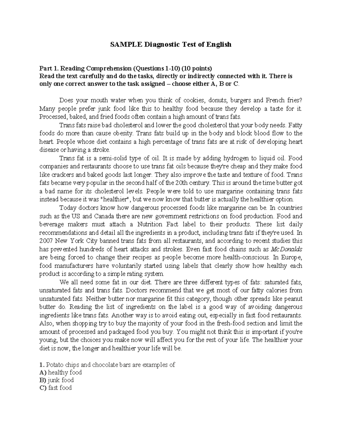 Sample diagnostic test of english - SAMPLE Diagnostic Test of English ...