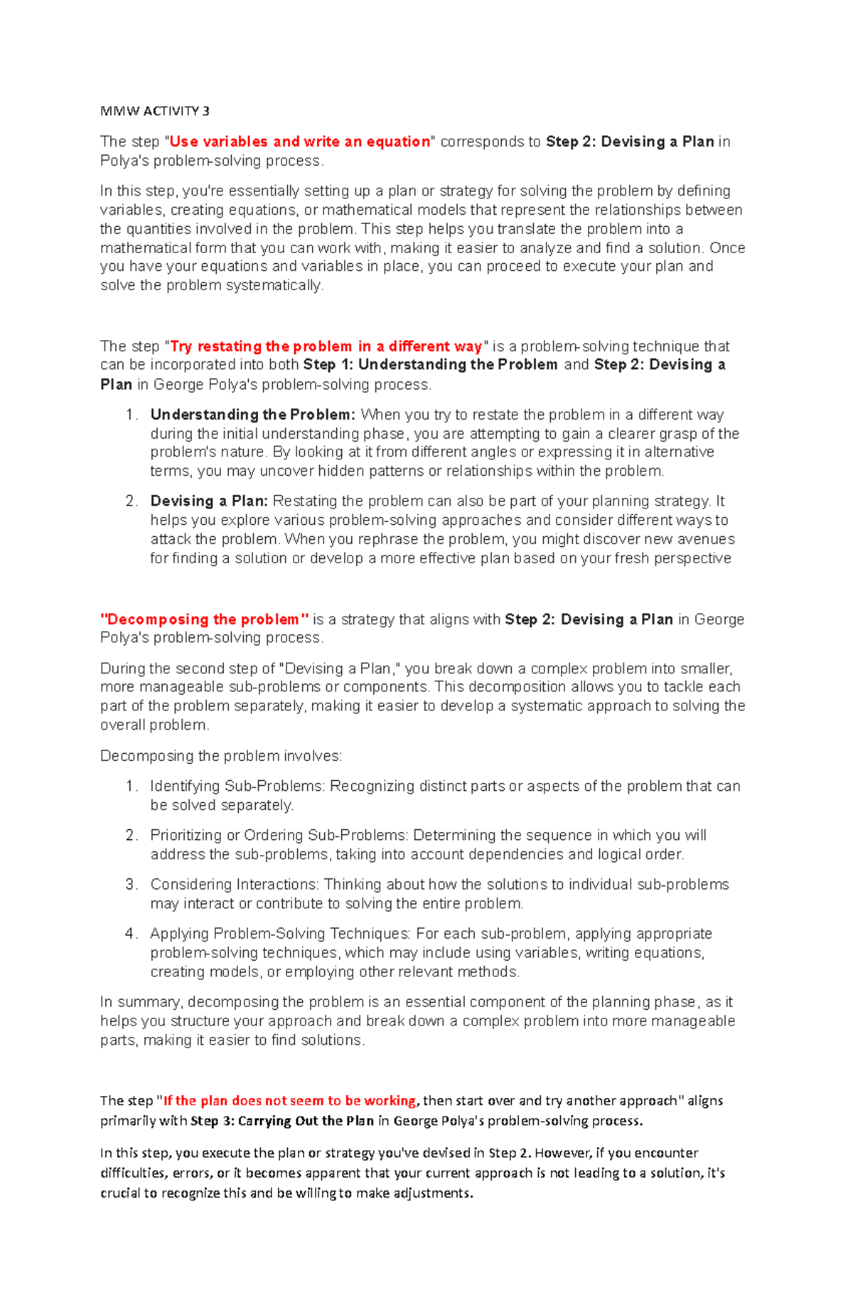 MMW Activity 4 Guide - MMW ACTIVITY 3 The step "Use variables and write ...