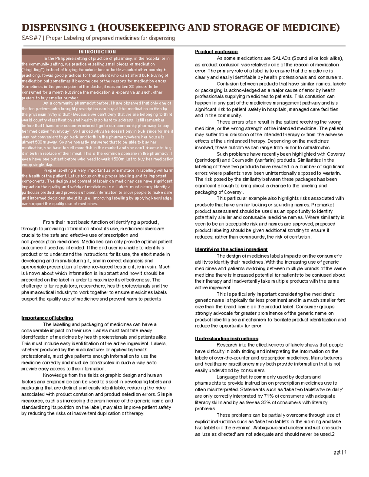 DISPENSING 1 NOTES - DISPENSING 1 (HOUSEKEEPING AND STORAGE OF MEDICINE ...