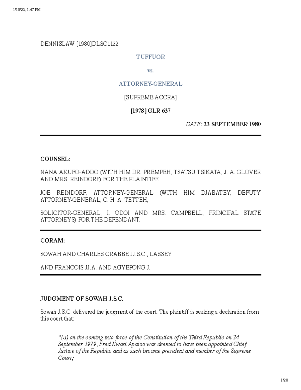 Tuffour v Attorney General - DENNISLAW [1980]DLSC TUFFUOR vs. ATTORNEY ...