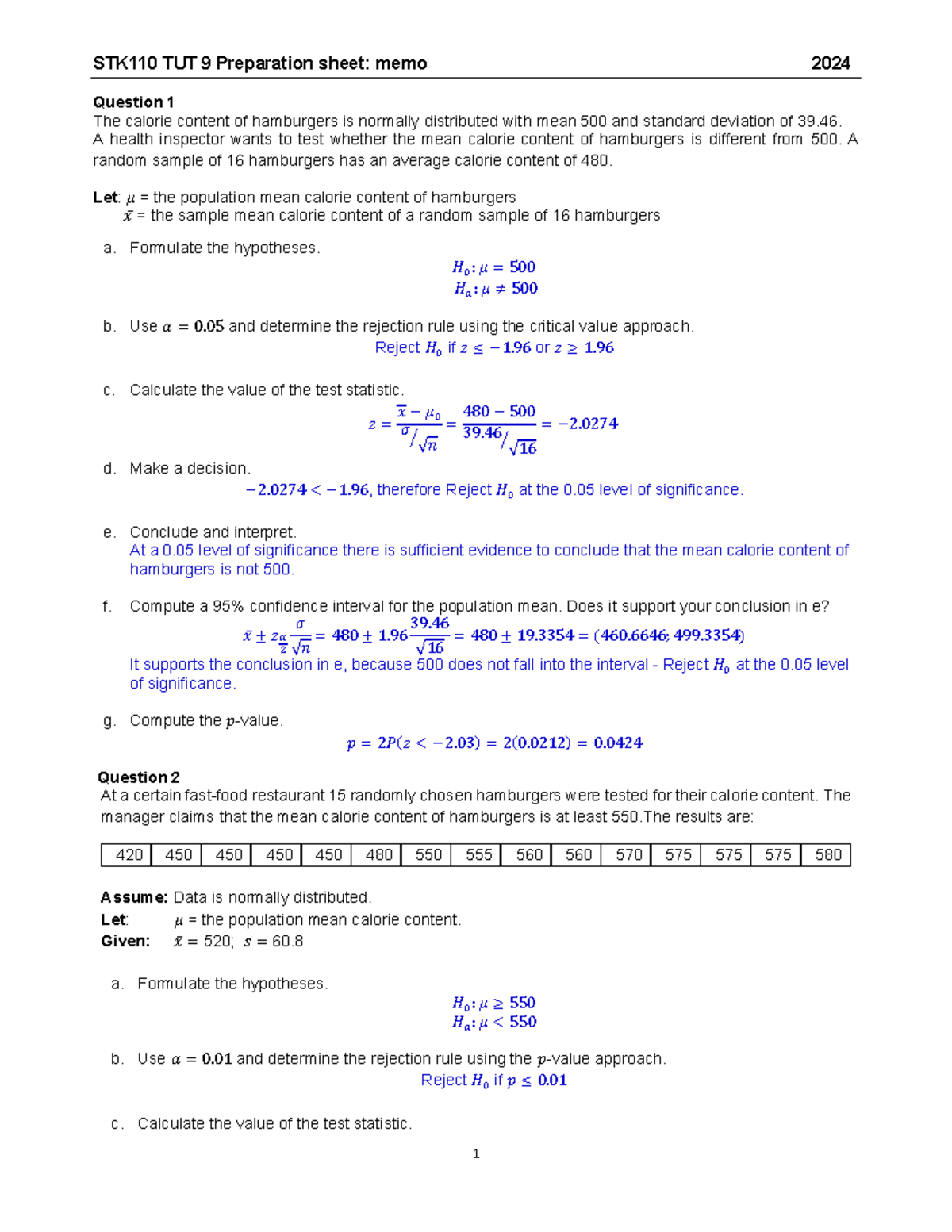 STK110 TUT 9 Preparation sheet - 2024 memo - 1 STK110 TUT 9 Preparation ...