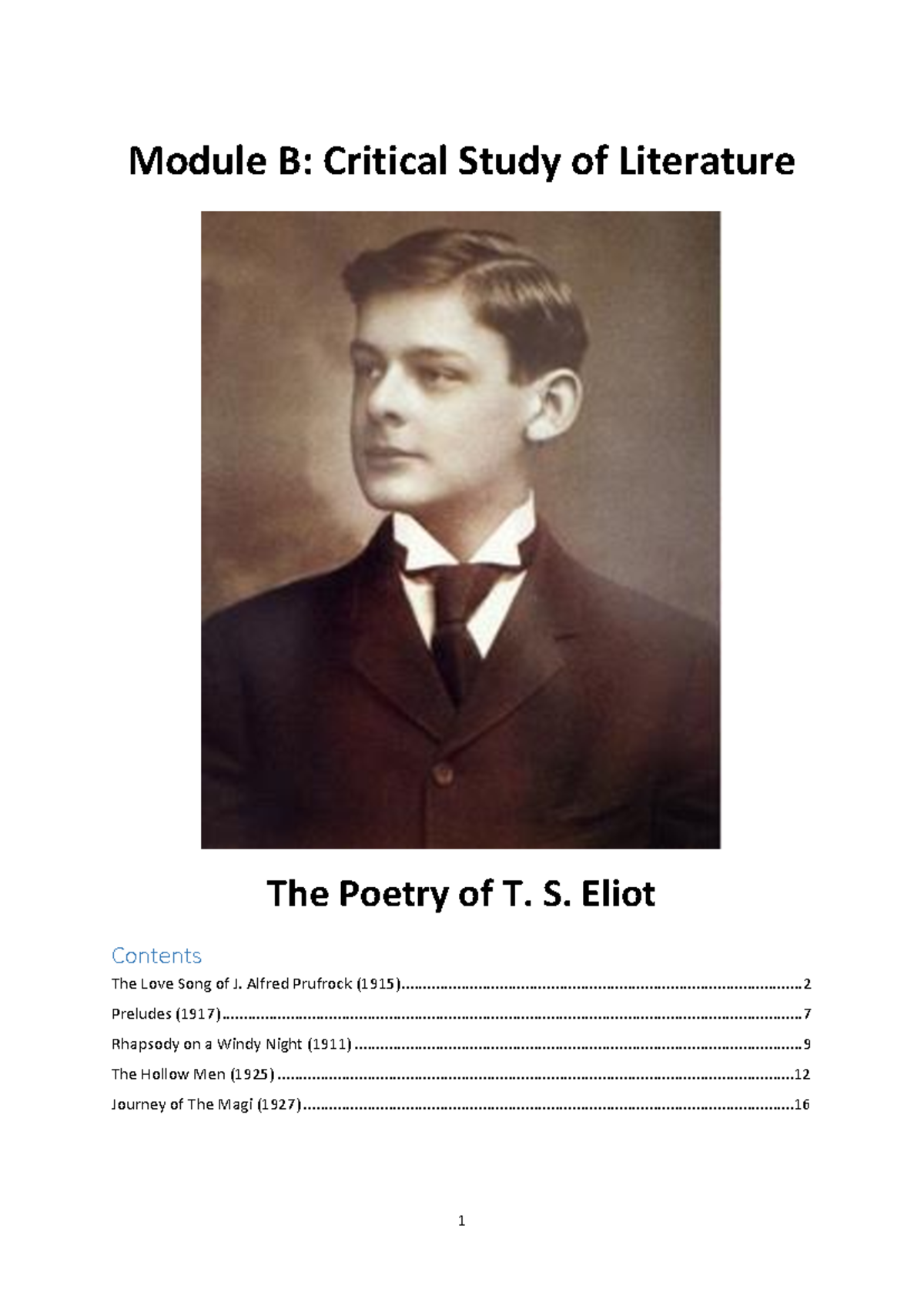 Booklet - T. S. Eliot Poetry Collection - Module B: Critical Study of ...