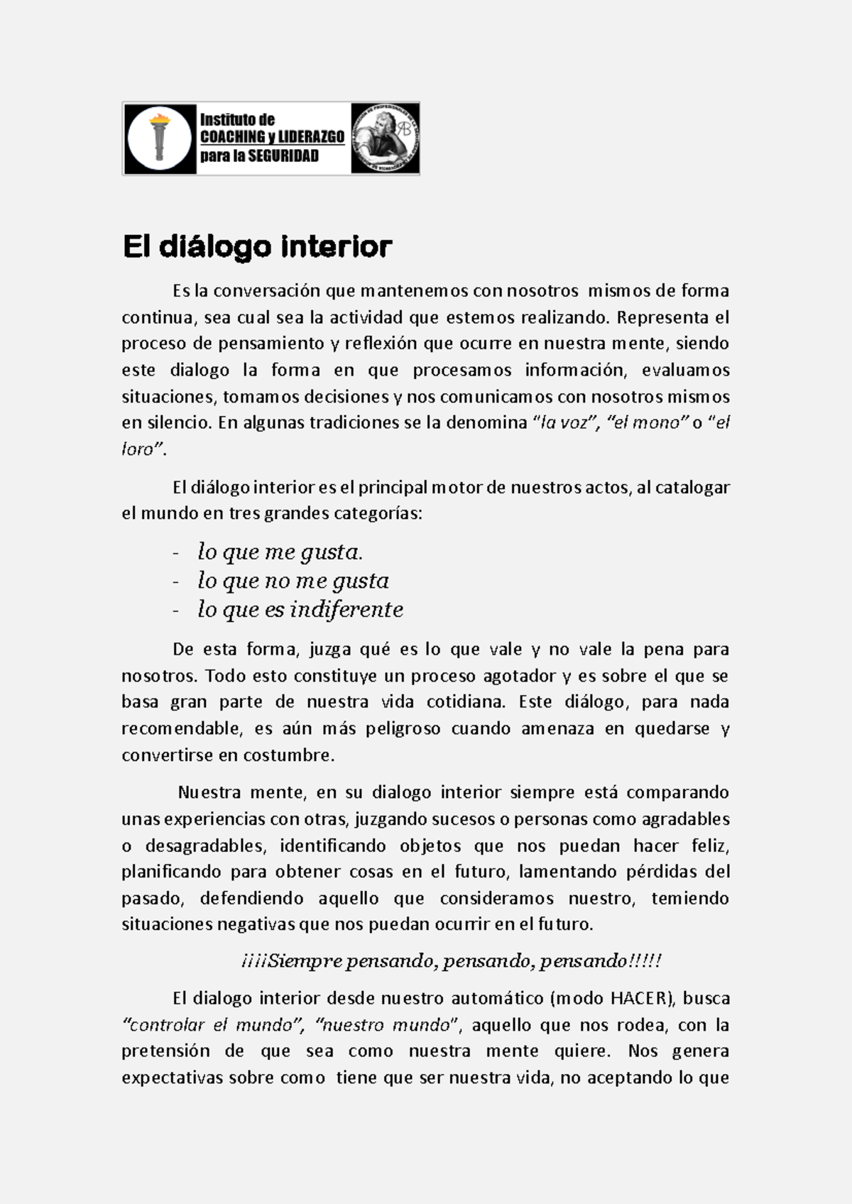 22-El dialogo interior - El diálogo interior Es la conversación que ...