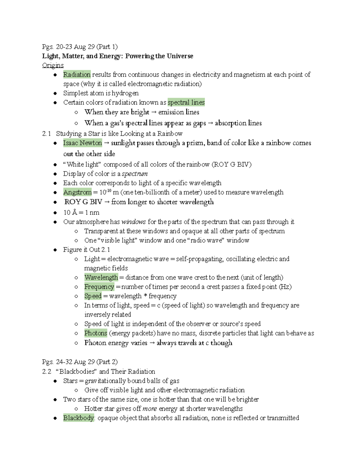 Summary The Cosmos: Astronomy in the New Millennium - Pgs. Aug 29 (Part ...