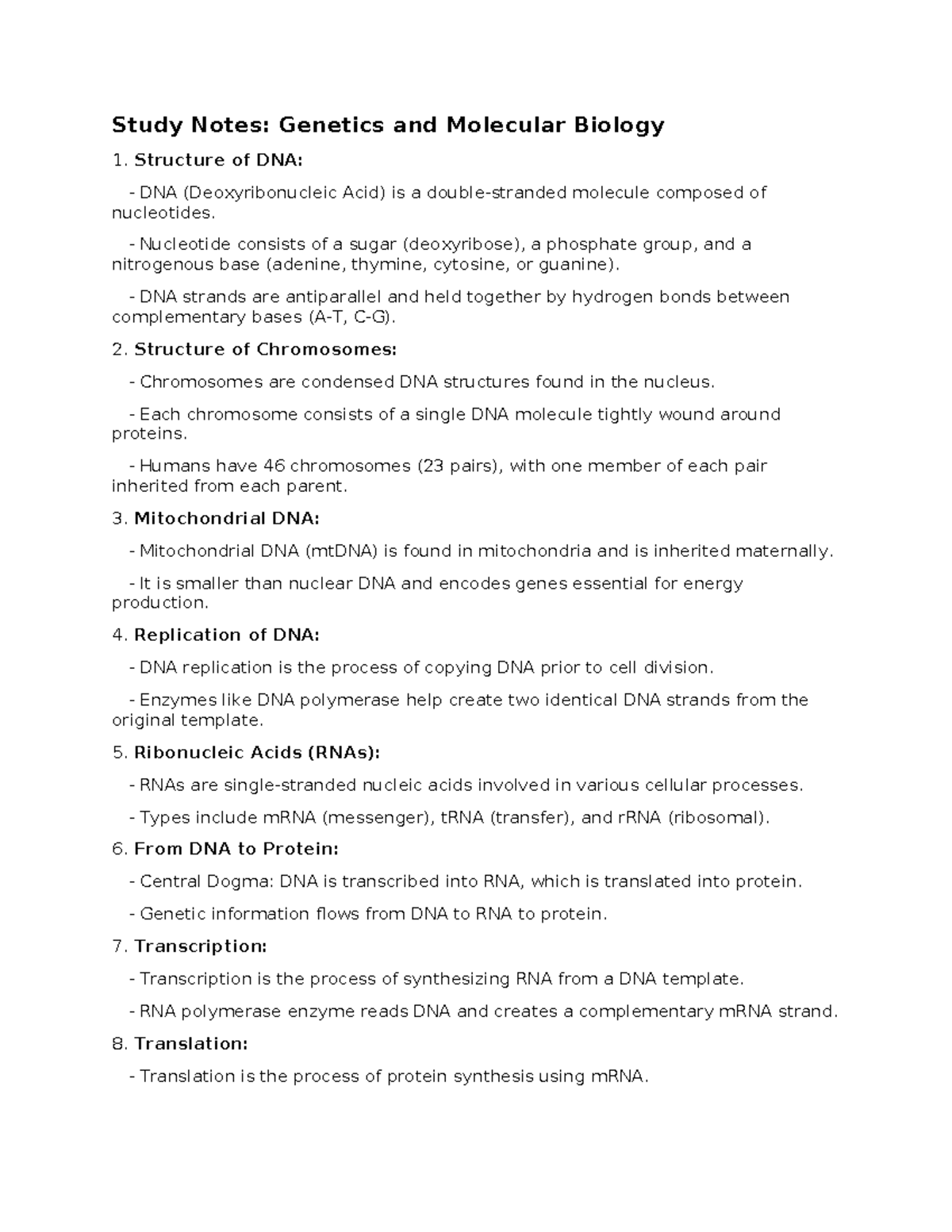 Genetics Overview & Processes - Study Notes: Genetics and Molecular ...