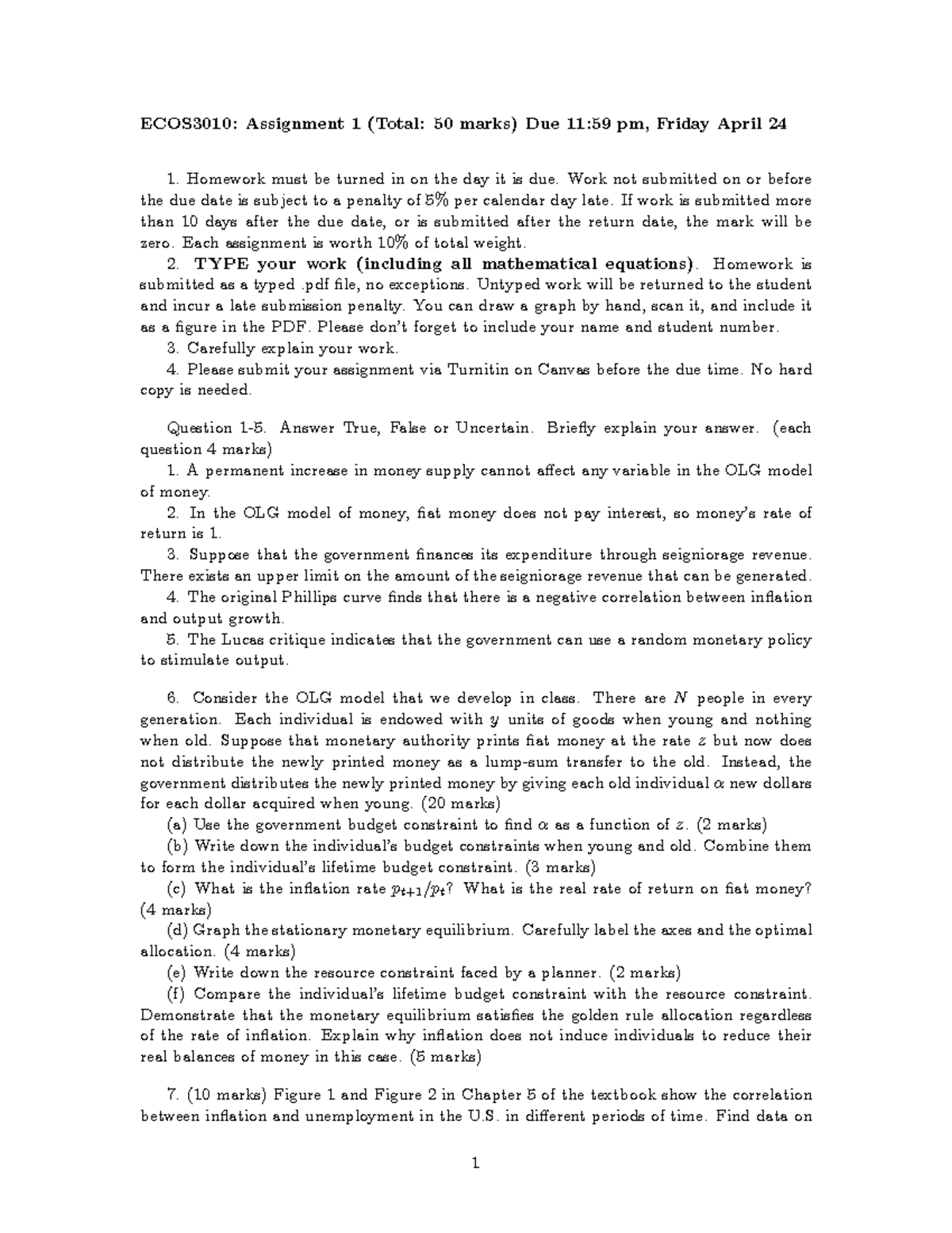 ECOS3010 Assignment 1 - Work not submitted on or before the due date is ...