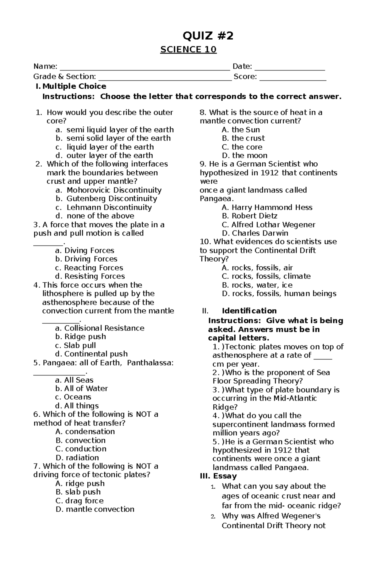 Science 10 quiz #2 mix - quiz 2 - SCIENCE 10 Name