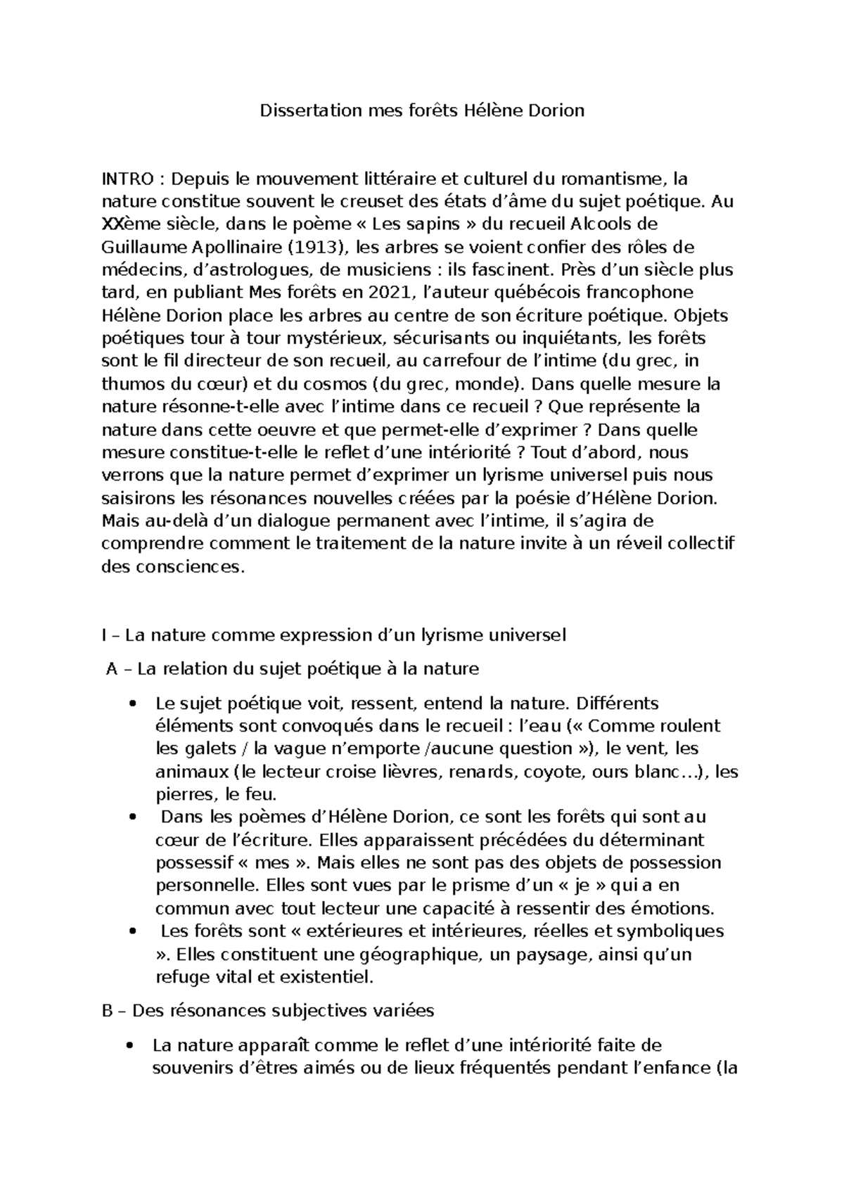 Dissertation mes forêts Hélène Dorion - Dissertation mes forêts Hélène Dorion INTRO : Depuis le ...