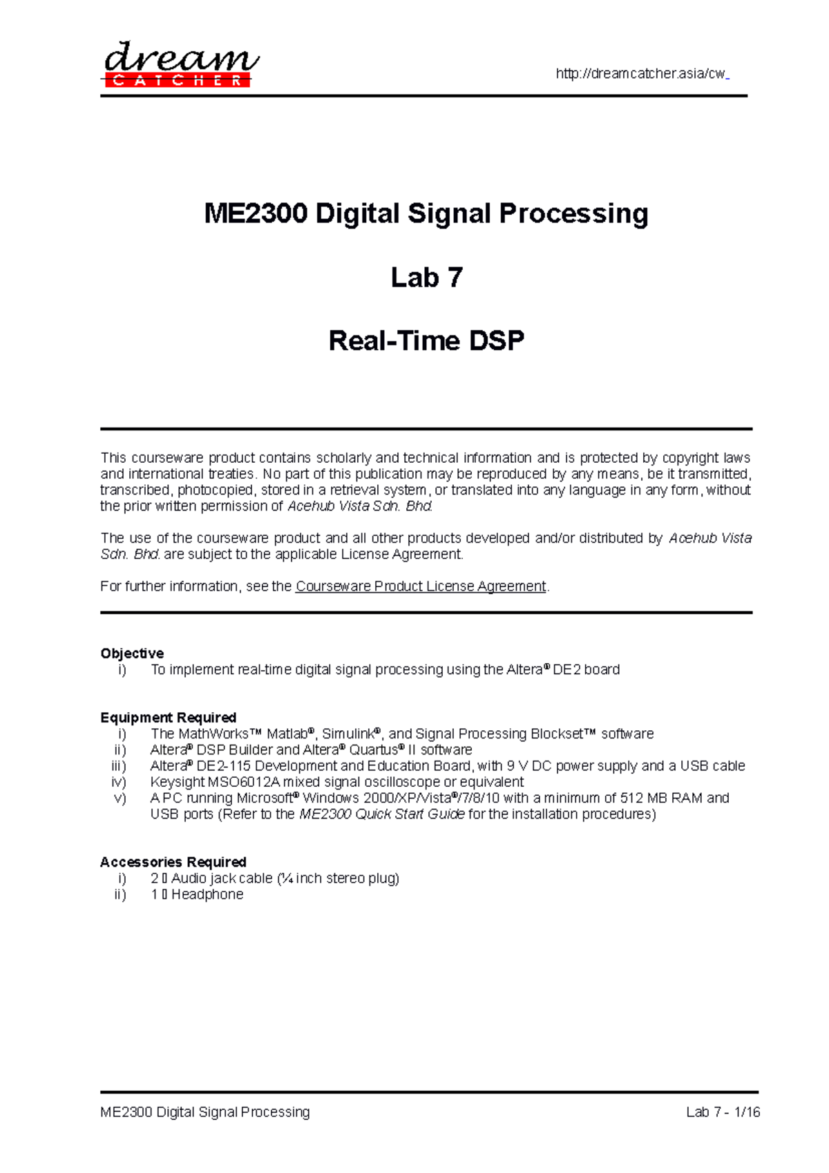 ME2300Lab07Real-Time DSP(DE2-115)v1 - ME2300 Digital Signal Processing Lab 7 Real-Time DSP This ...