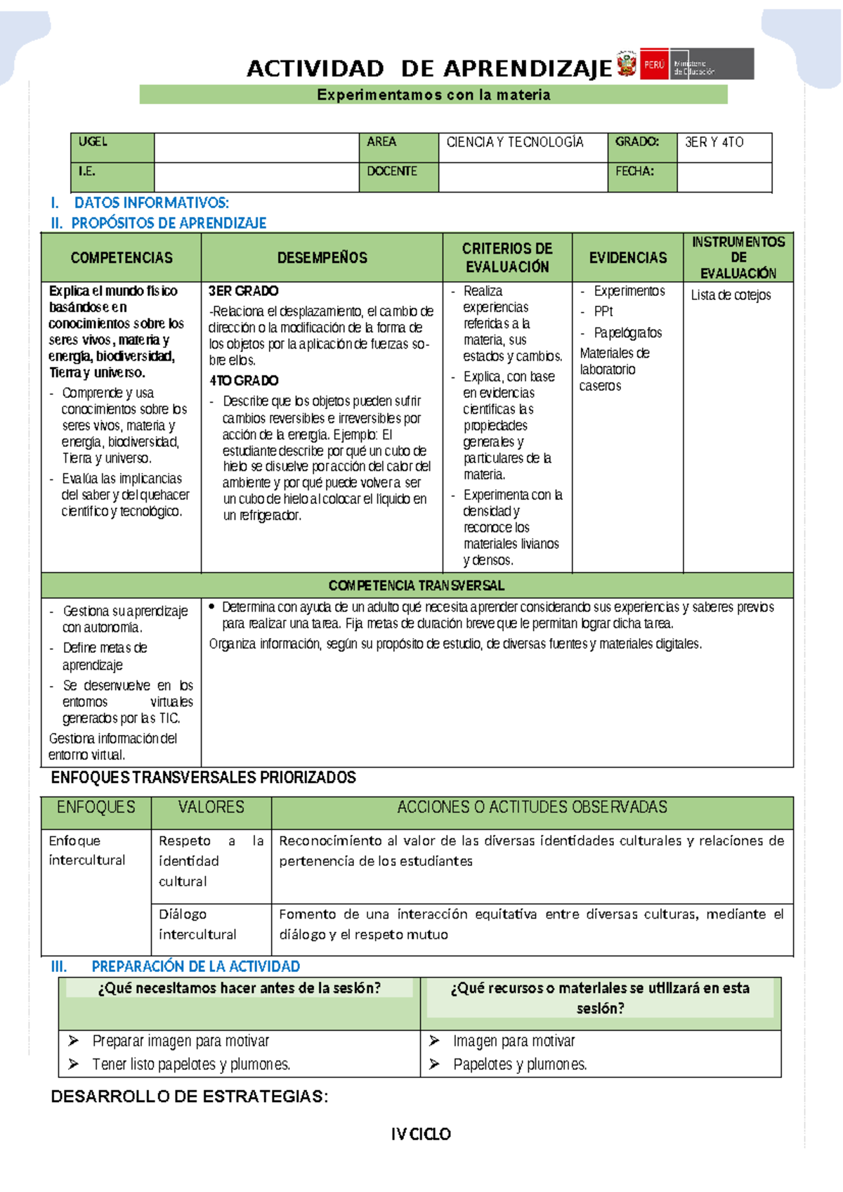15 DE Agosto-C Y T-IV Ciclo - UGEL AREA CIENCIA Y TECNOLOGÍA GRADO: 3ER ...