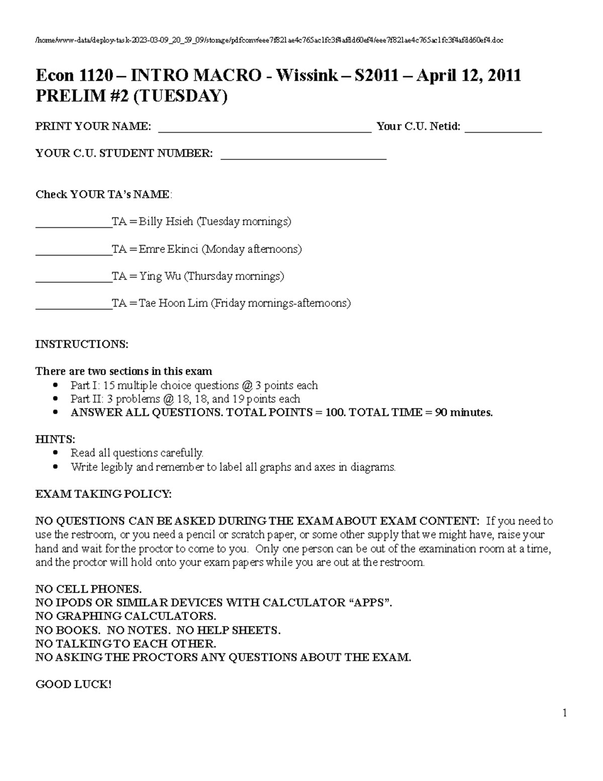 Practice Prelim 2 - Spring 2011 - Econ 1120 – INTRO MACRO - Wissink ...