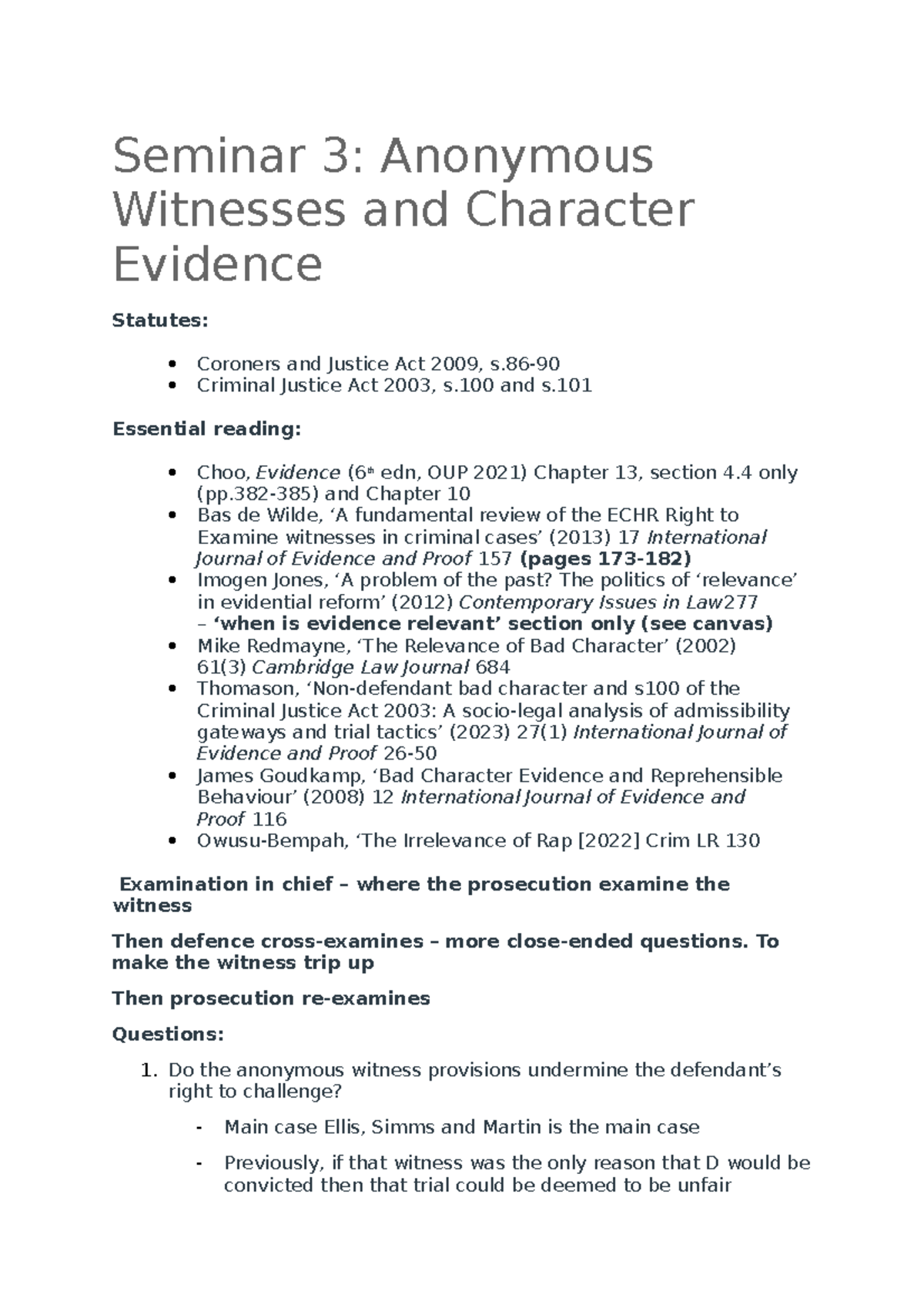 Seminar 3 - Seminar 3: Anonymous Witnesses and Character Evidence ...