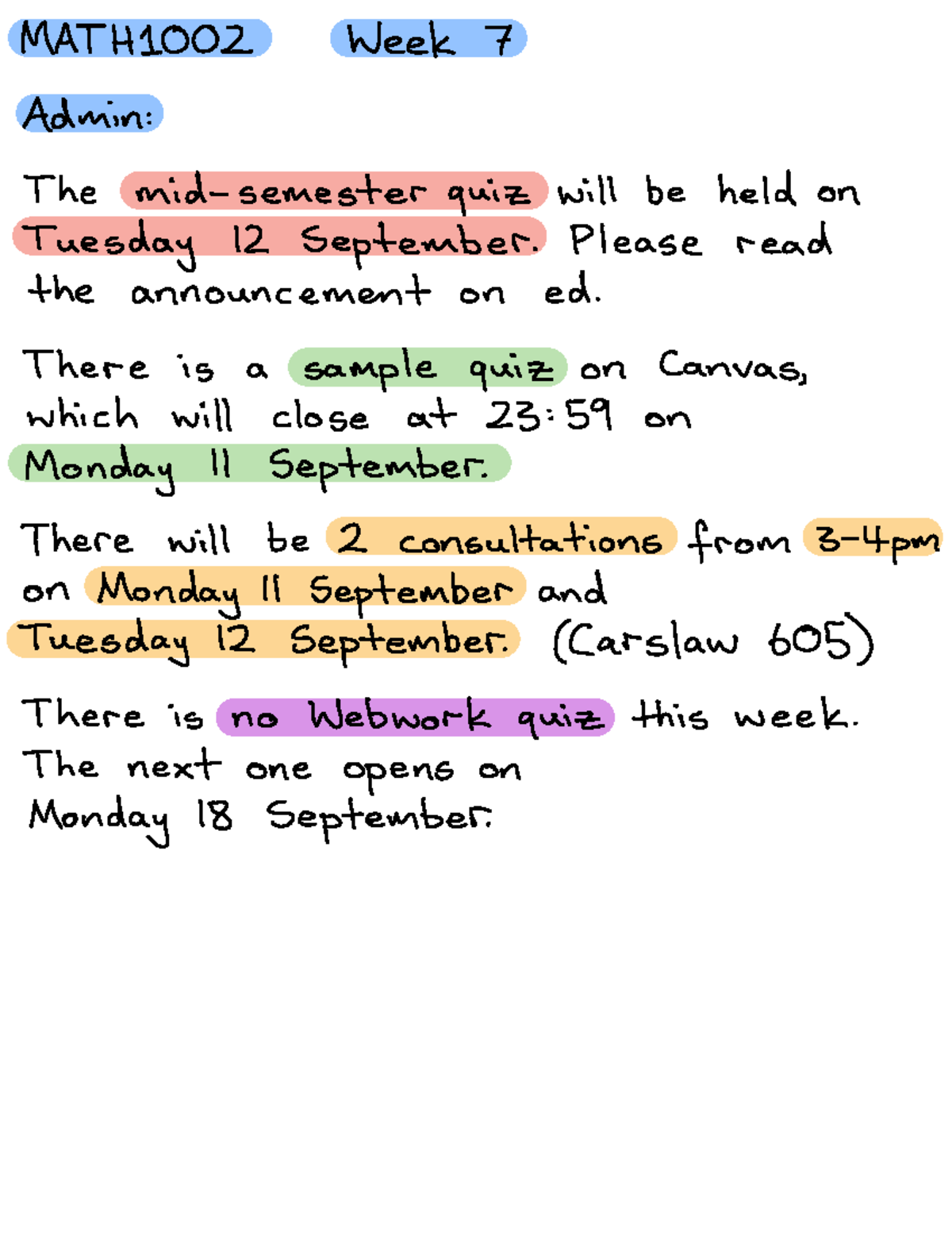 1002 week 7 - 2019 MATH1002 Exam - Maths - MATH1002 Week 7 Admin: The quiz will be held on ...