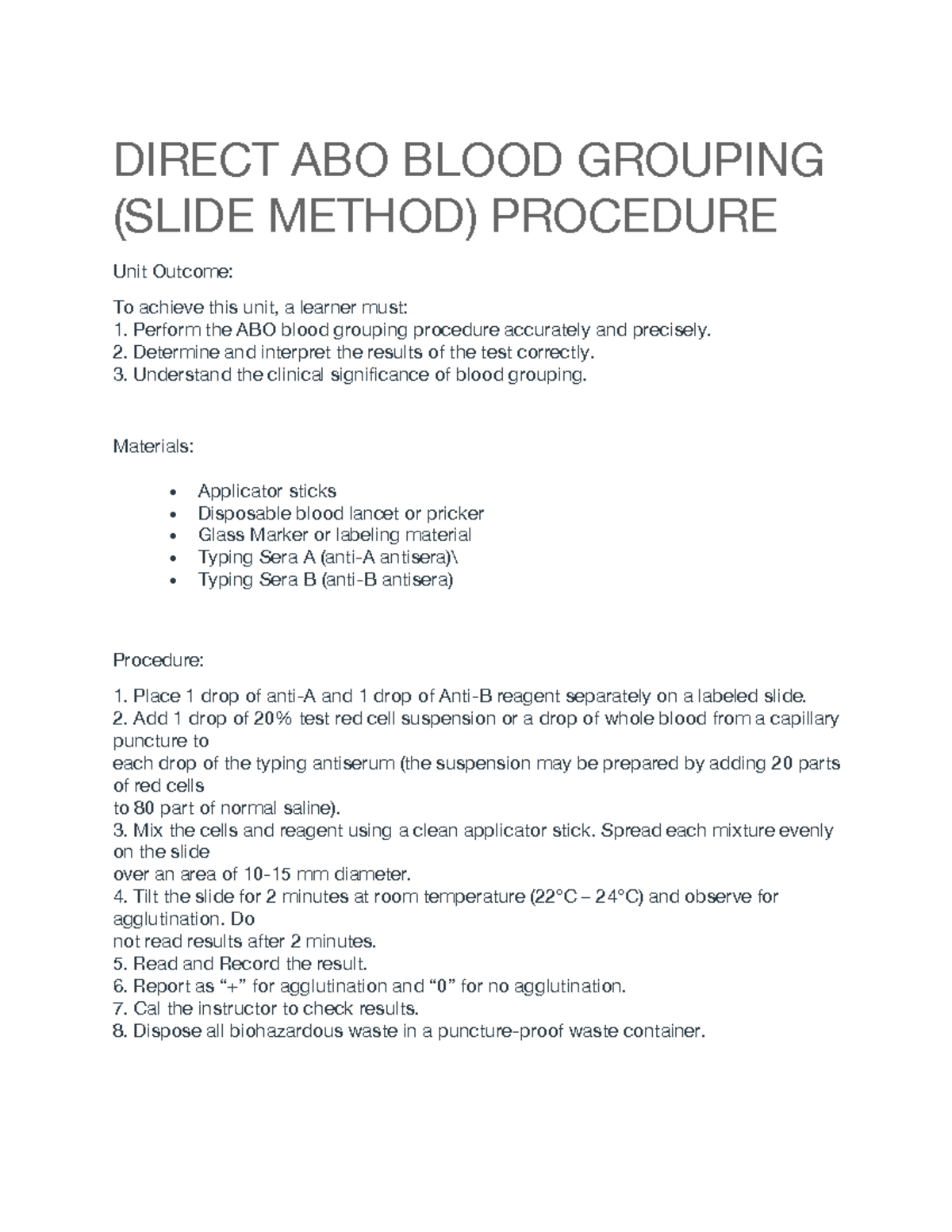 Direct Indirect ABO - Lecture notes 1 - DIRECT ABO BLOOD GROUPING ...