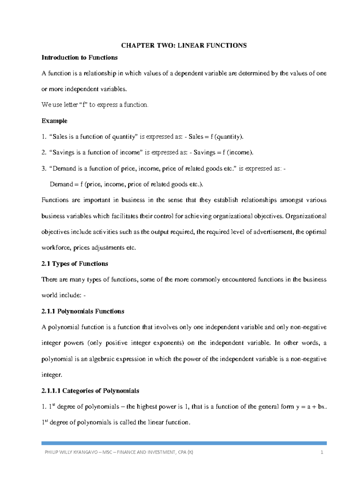Linear Functions - CHAPTER TWO: LINEAR FUNCTIONS Introduction to ...