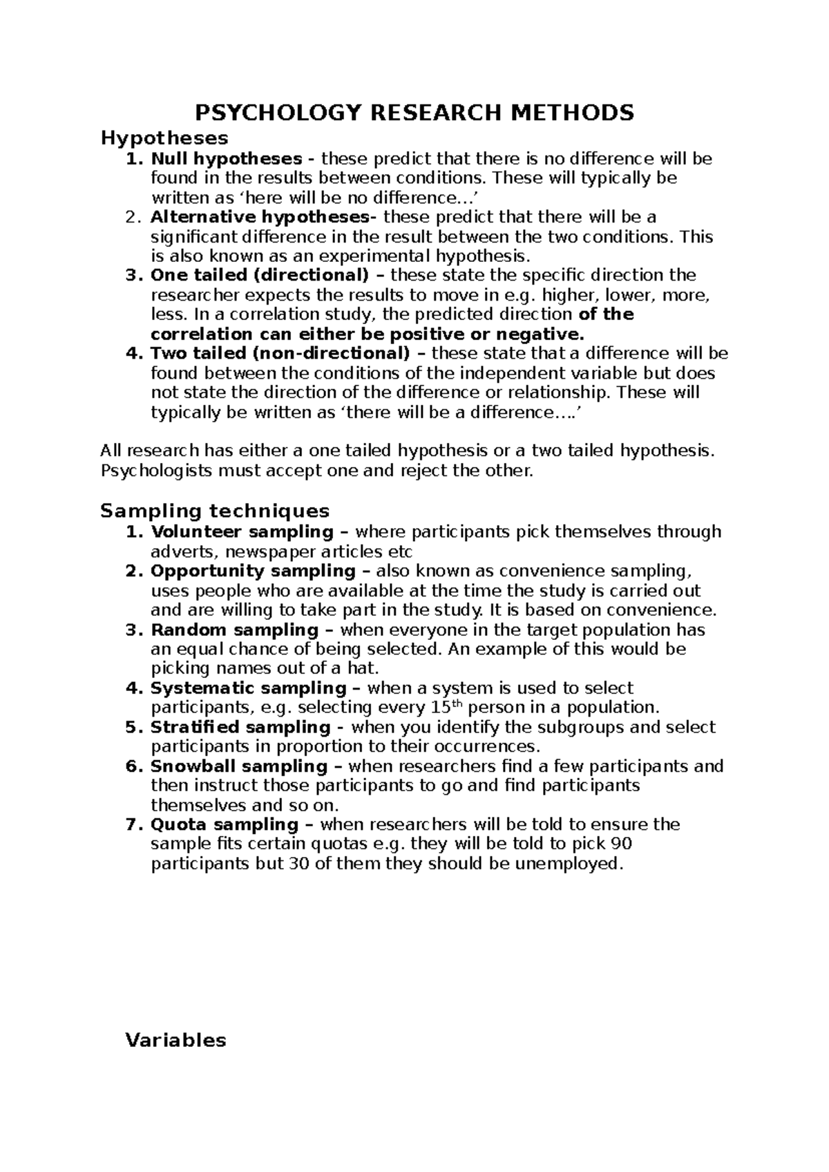 Psychology Research Methods - PSYCHOLOGY RESEARCH METHODS Hypotheses Null hypotheses - these ...