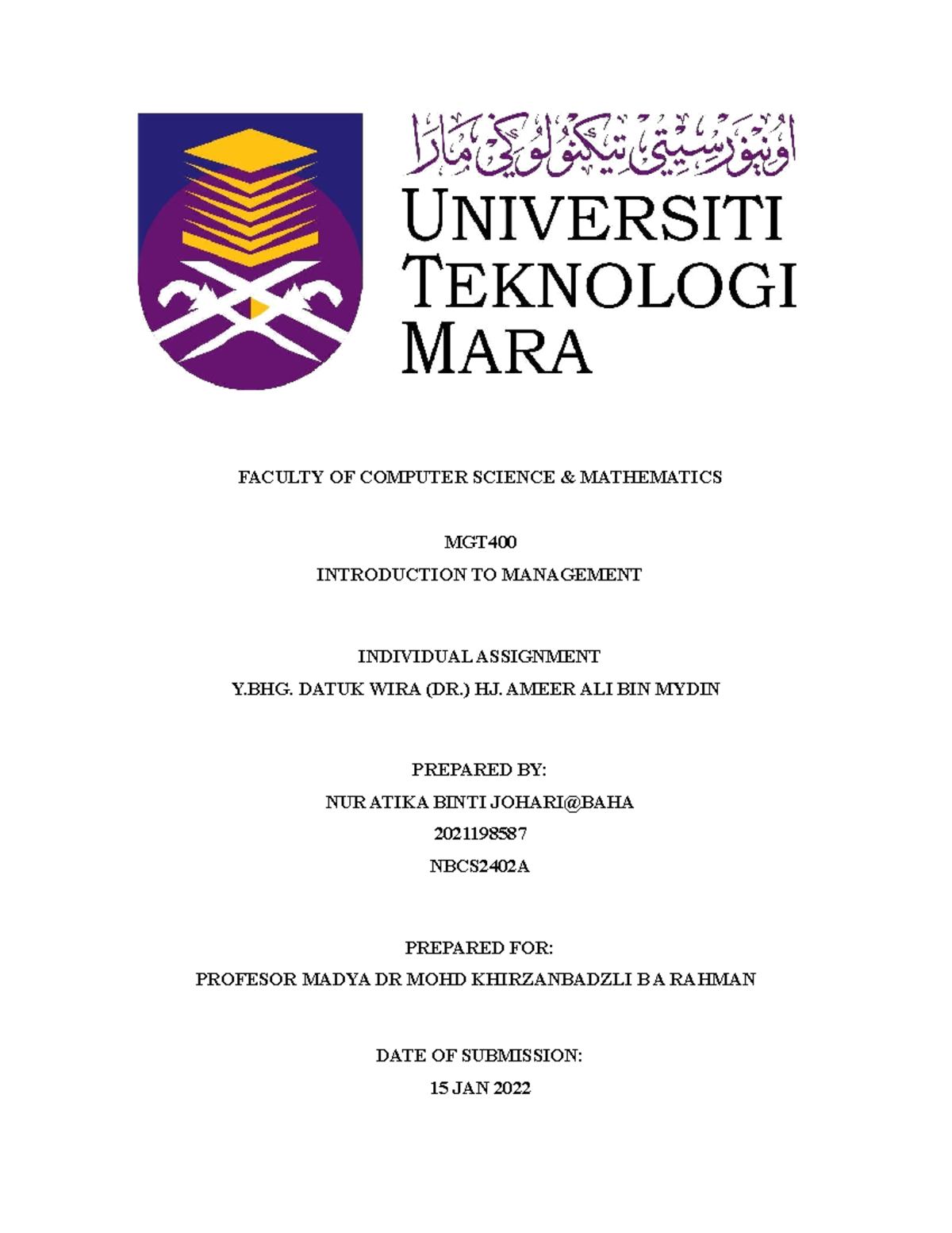 Individual Assigment (Nur Atika) - FACULTY OF COMPUTER SCIENCE ...