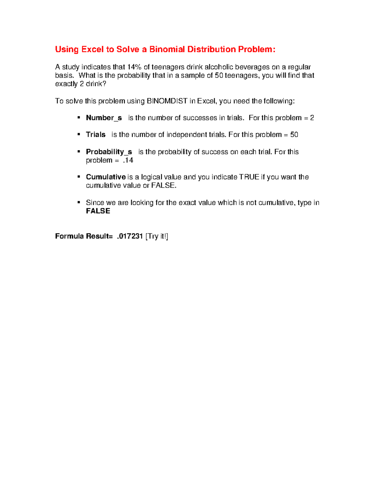 Using Excel to Solve a Binomial Distribution Problem - What is the ...