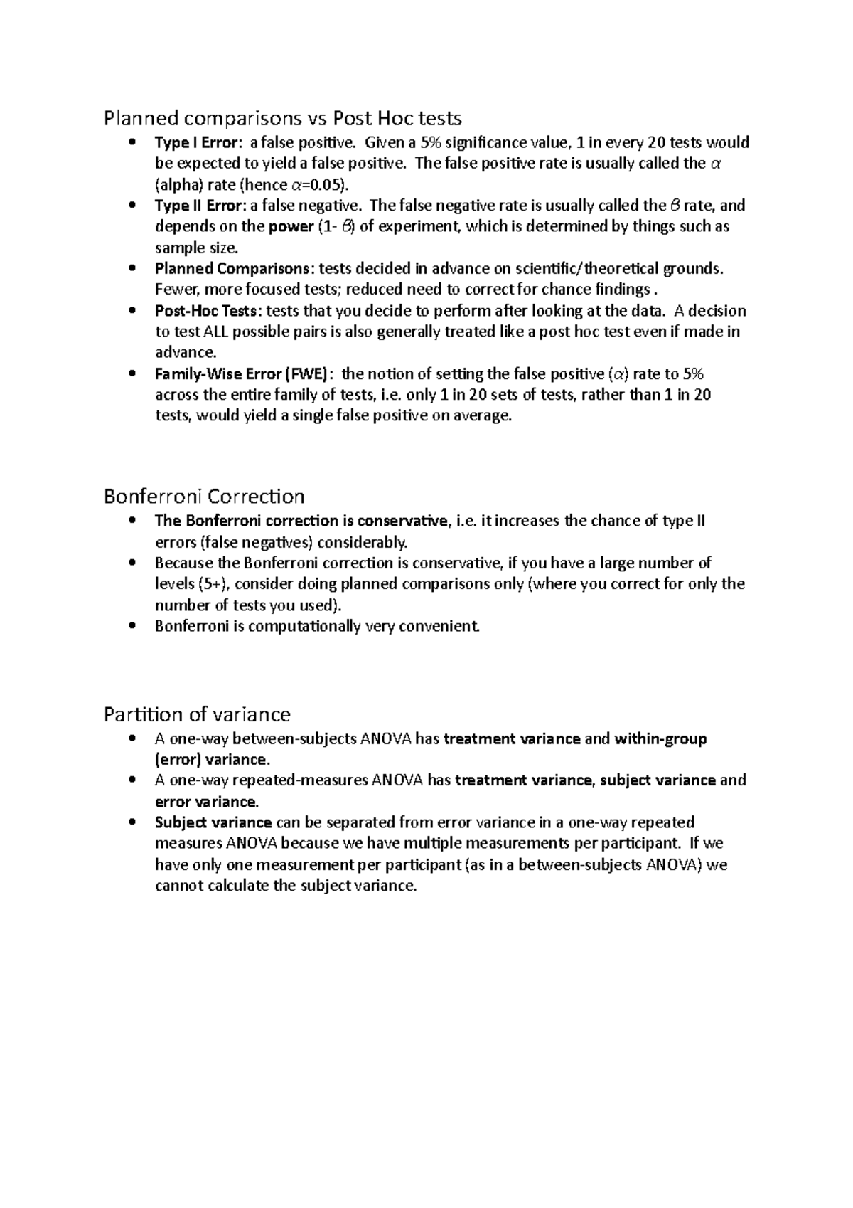 Planned, Post hoc, Bonferroni, partition of variance - Planned ...