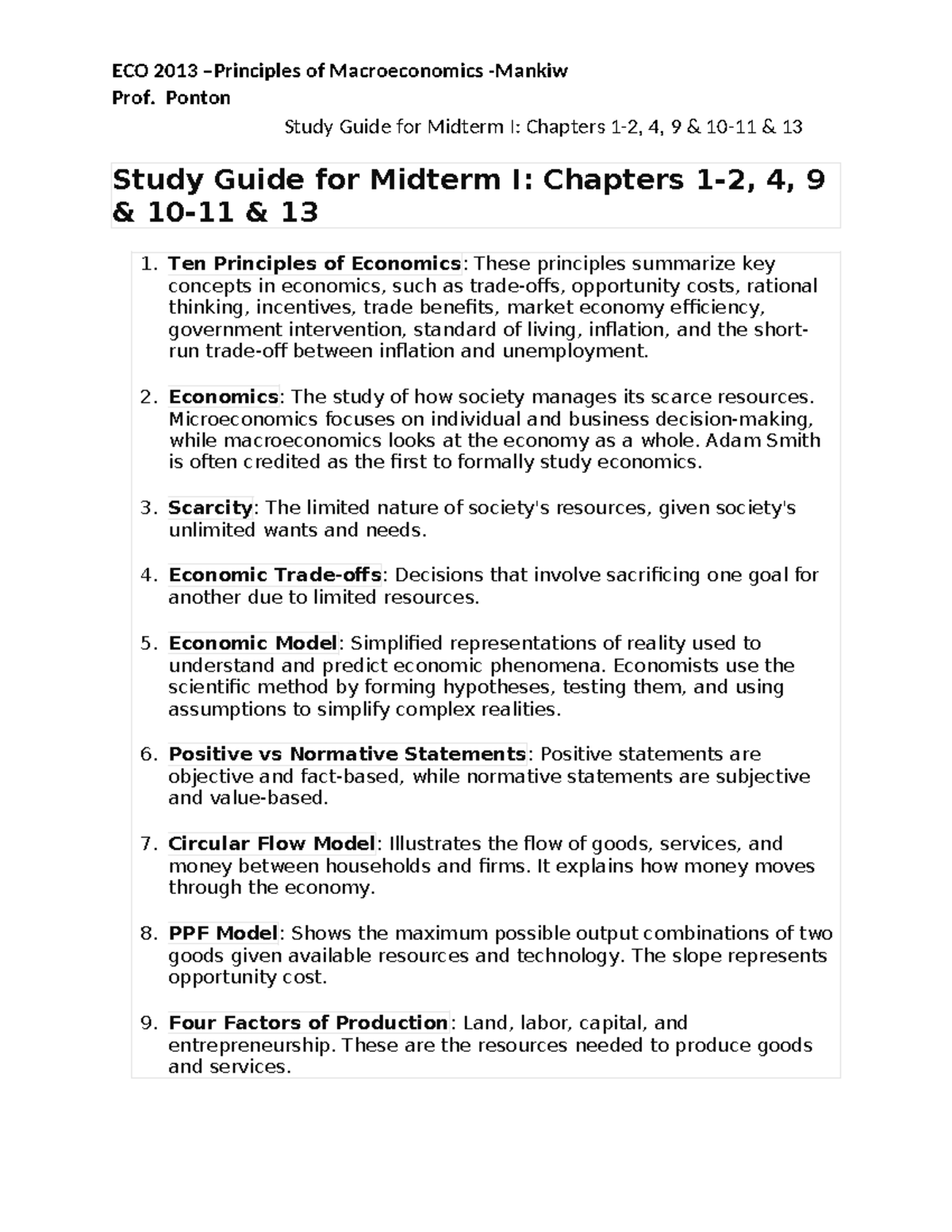 Study Guide for Midterm I-1-2, 4 , 9, 10-11 and 13 - Prof. Ponton Study ...