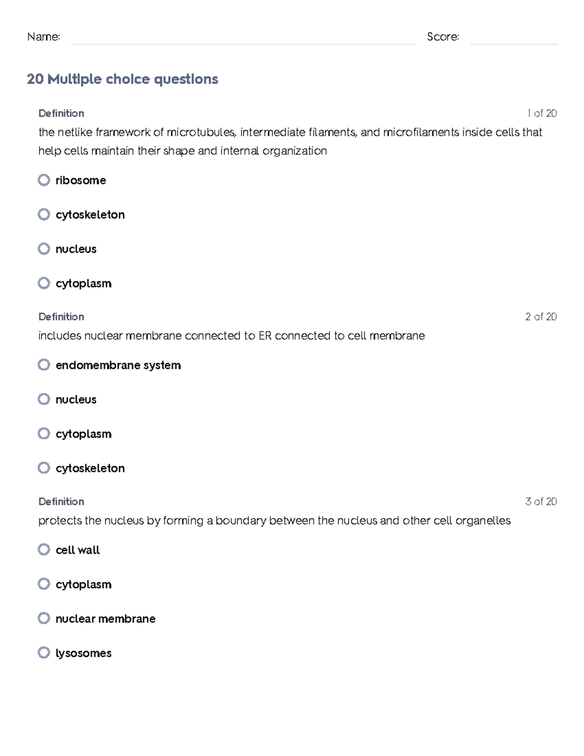 Printable Multiple-choice Quiz on Cell Parts and Their Functions - Name ...