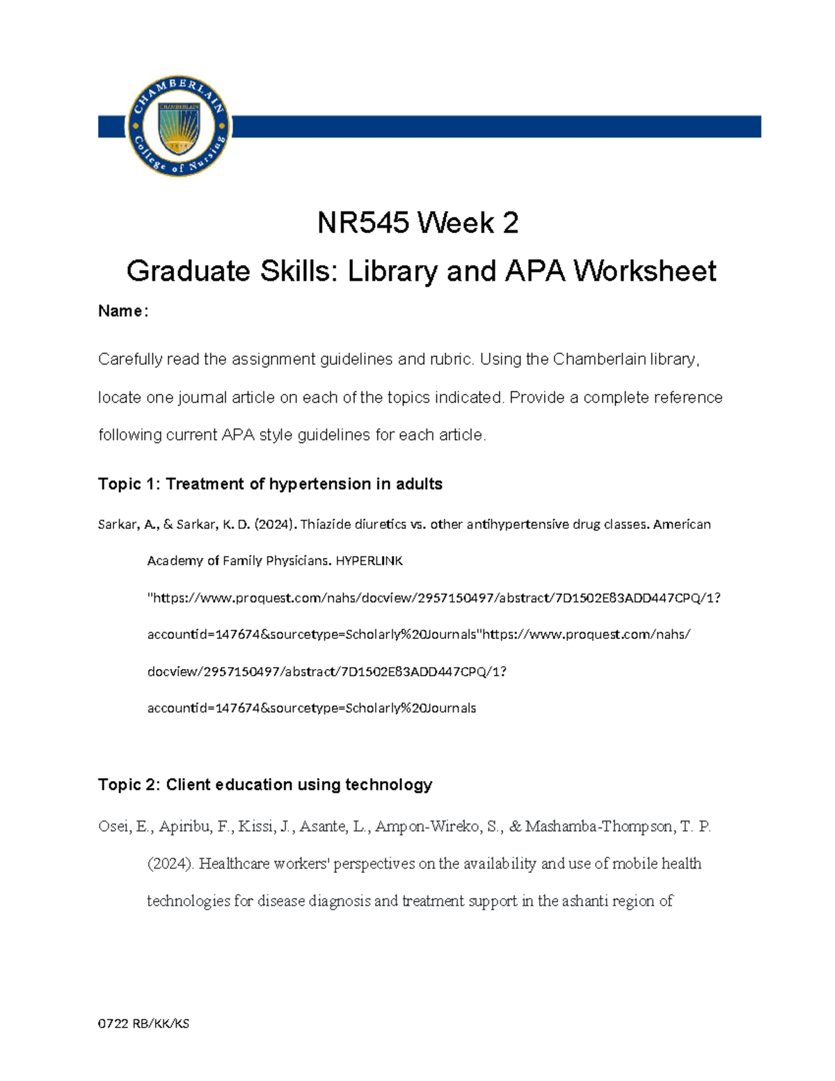 NR545 Week 2 Library and APA worksheet - NR545 Week 2 Graduate Skills: Library and APA Worksheet ...