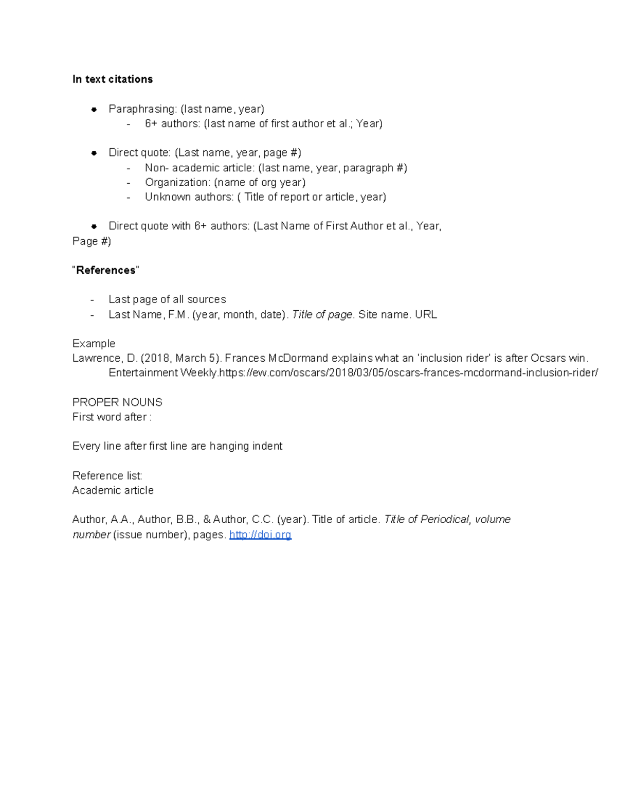 APA - APA Style notes - In text citations Paraphrasing: (last name ...