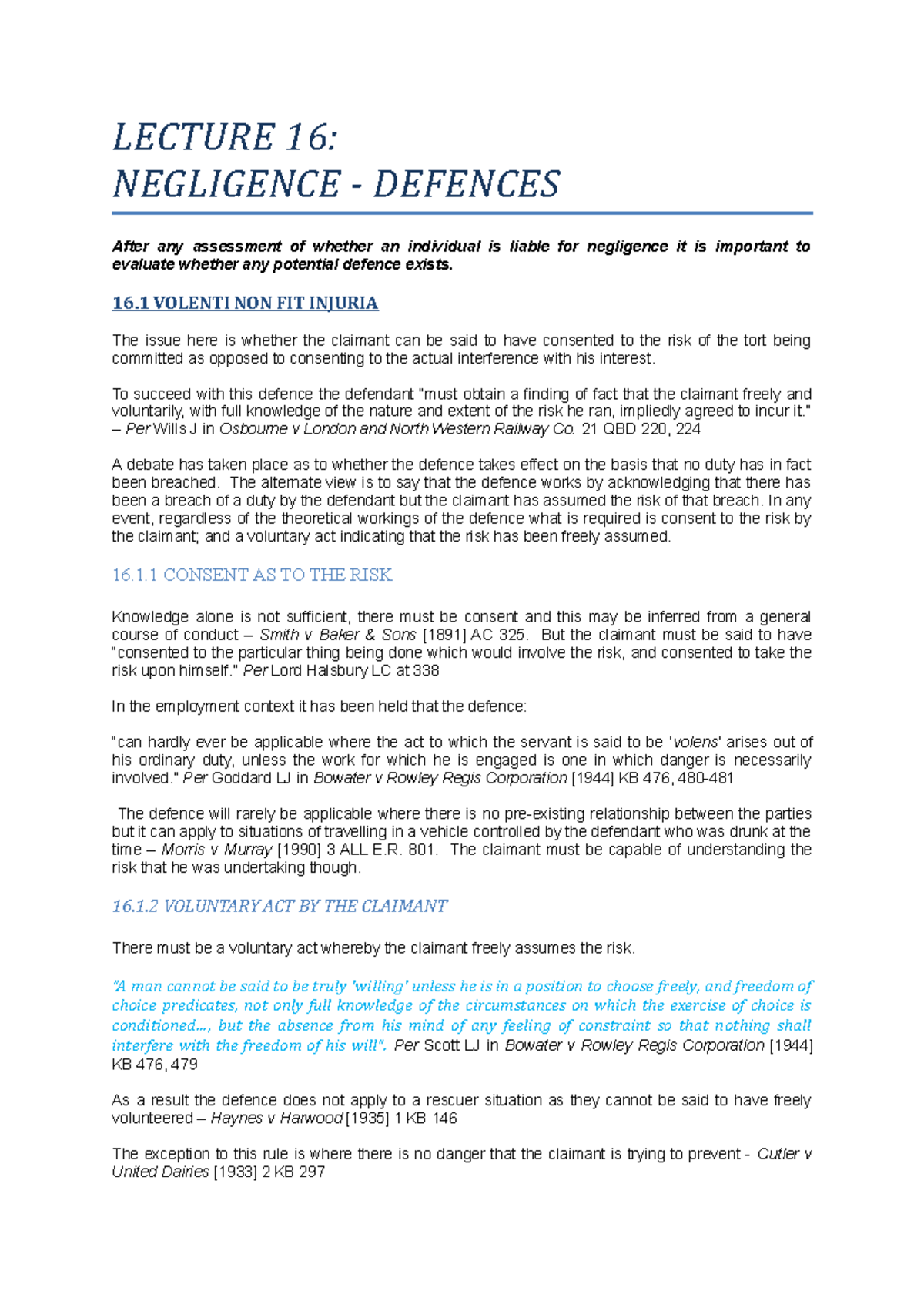 Lecture Notes - Negligence Defences - LECTURE 16: NEGLIGENCE - DEFENCES ...