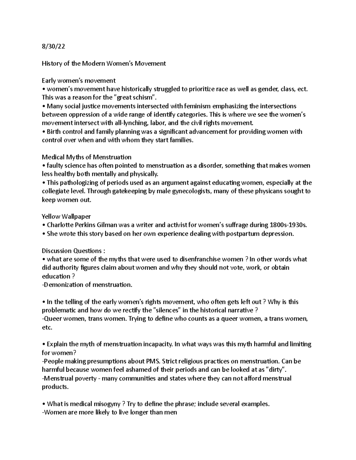 WGS 200 notes 1 - 8/30/ History of the Modern Women's Movement Early ...