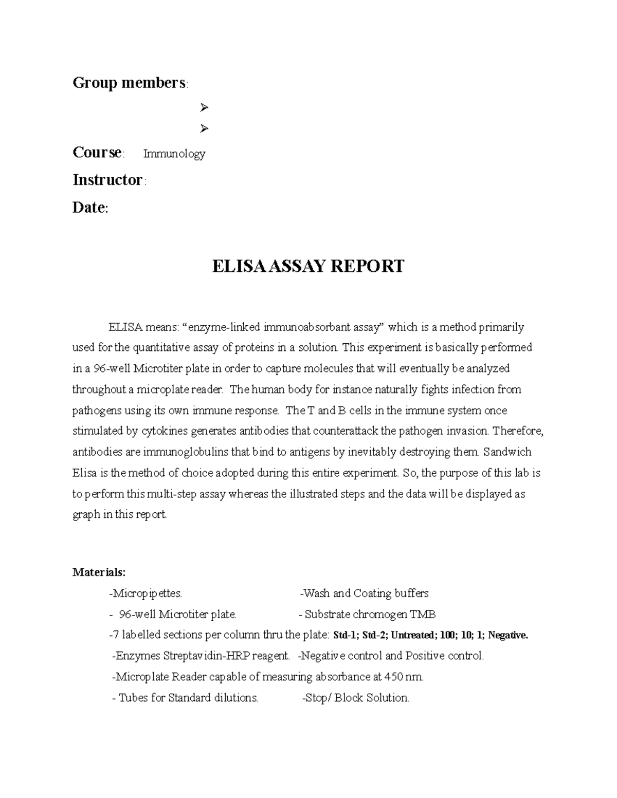 Immunology Elisa Assay Report - Group members : Course : Immunology ...