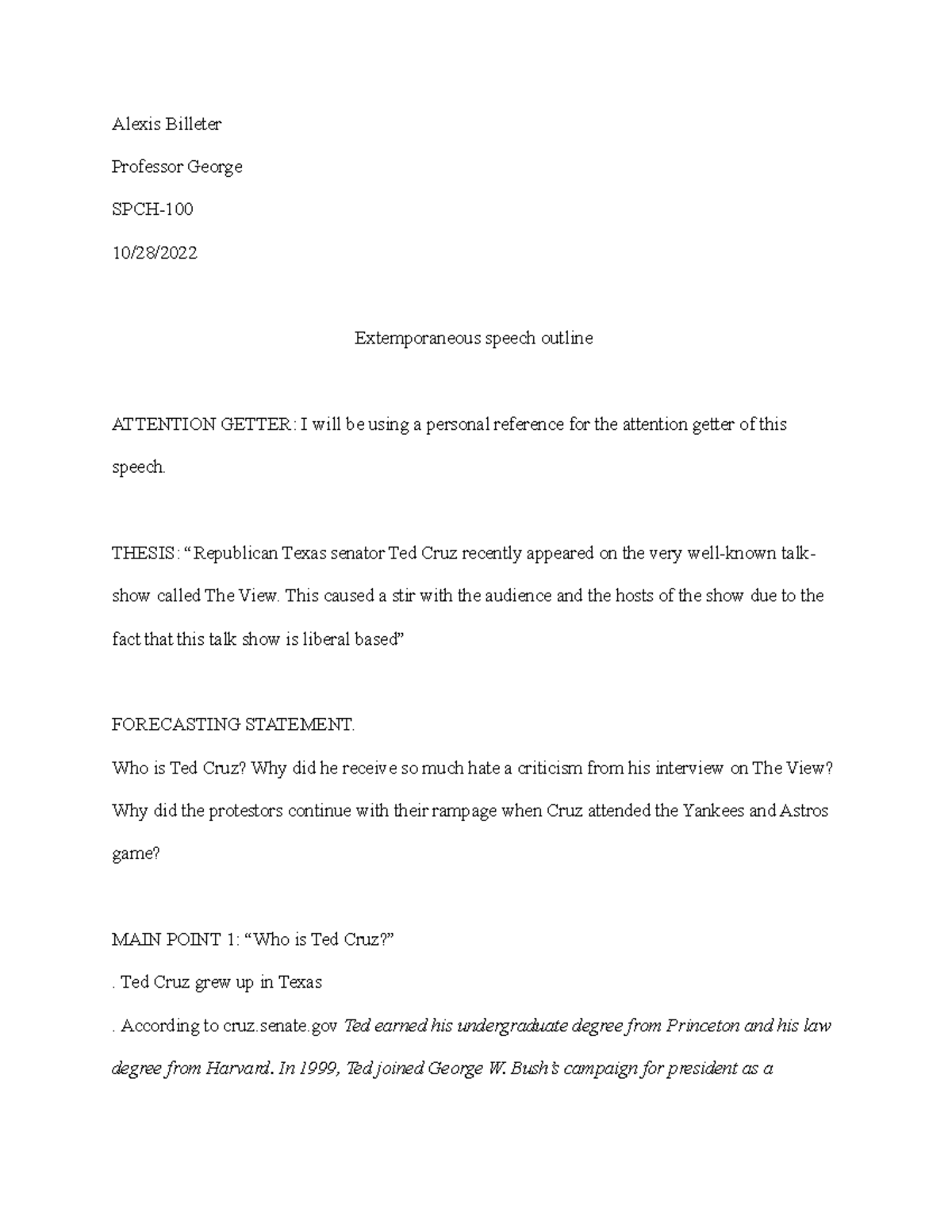 Extemp Speech outline - Alexis Billeter Professor George SPCH- 10/28 ...