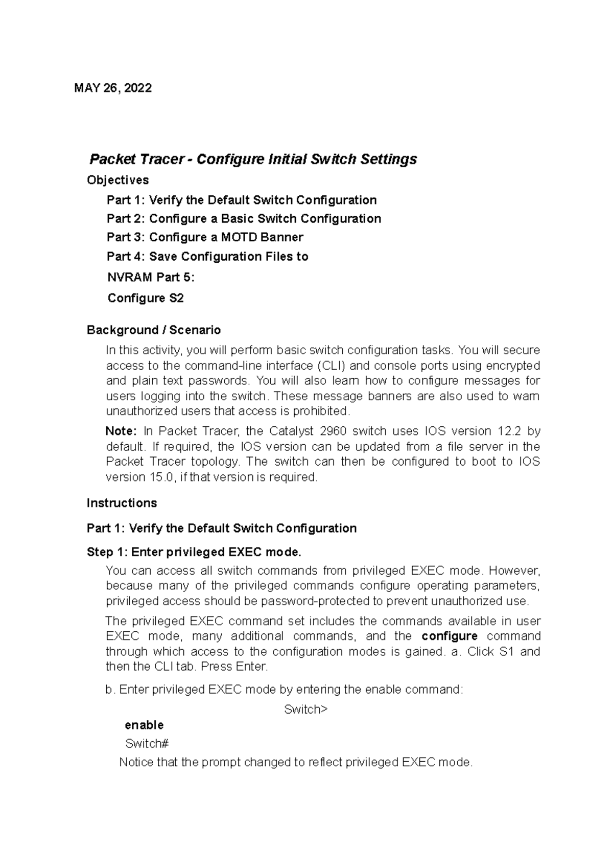 Configure-Initial-Switch-Settings notes - MAY 26, 2022 Packet Tracer ...