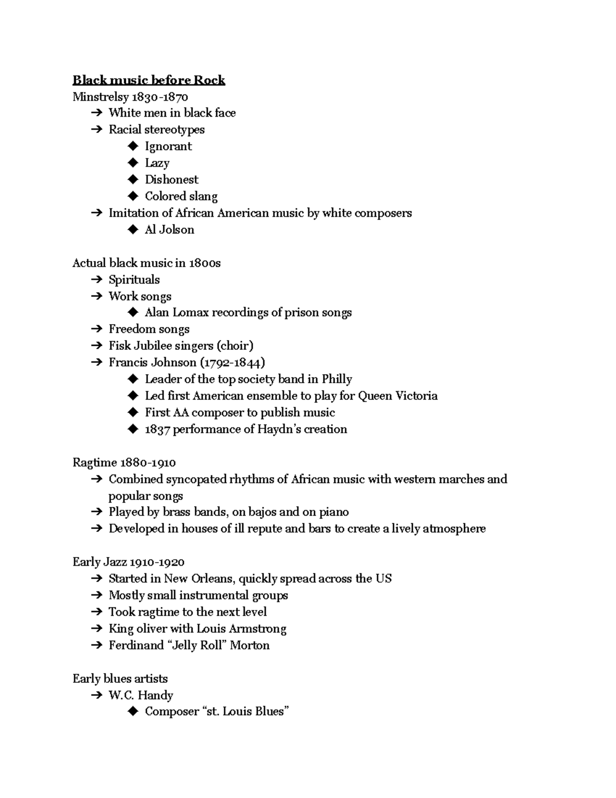 History of Rock n' Roll Notes Spring 2020 - Black music before Rock ...