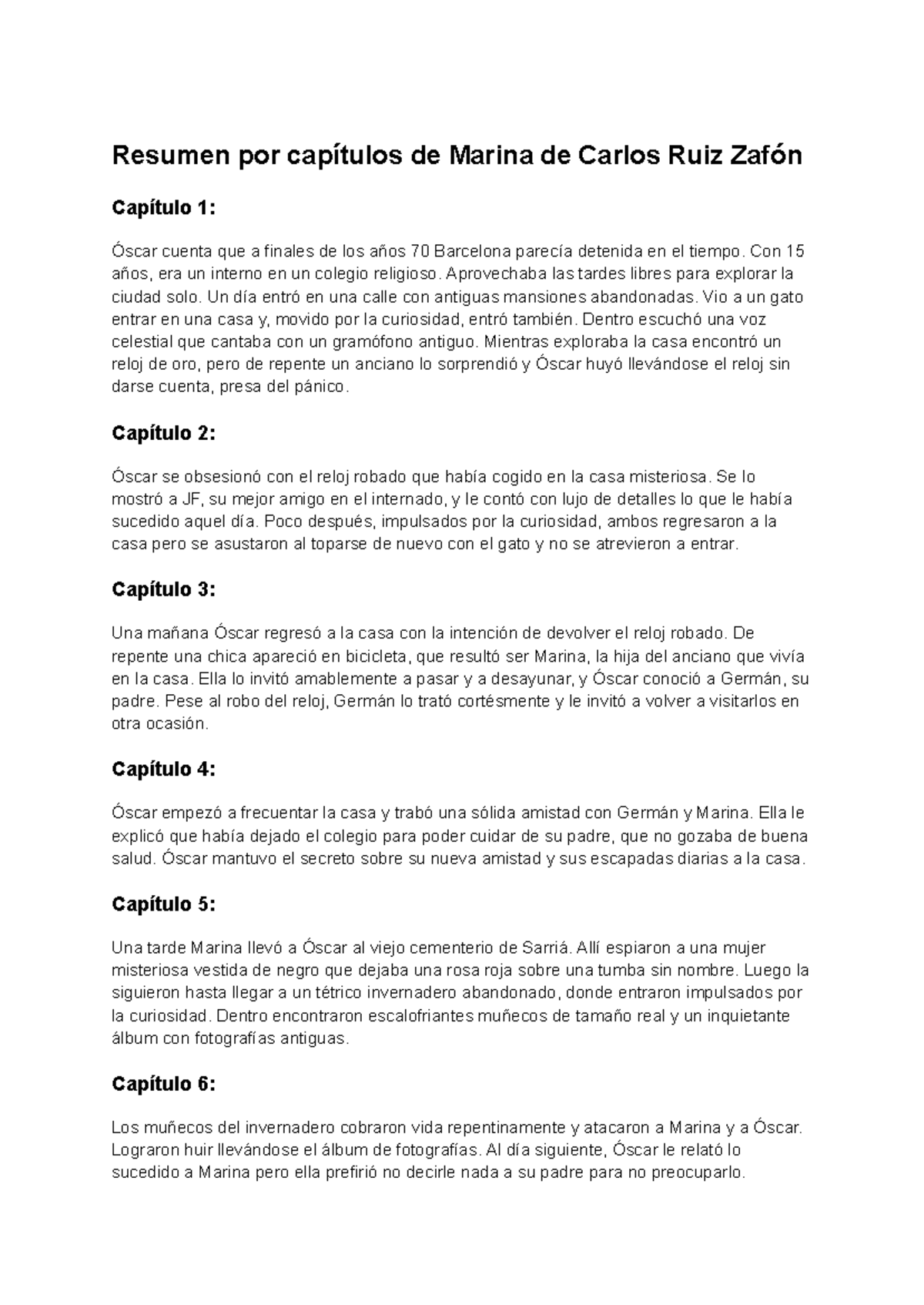 Marina resumen por capitulos - Resumen por capítulos de Marina de ...