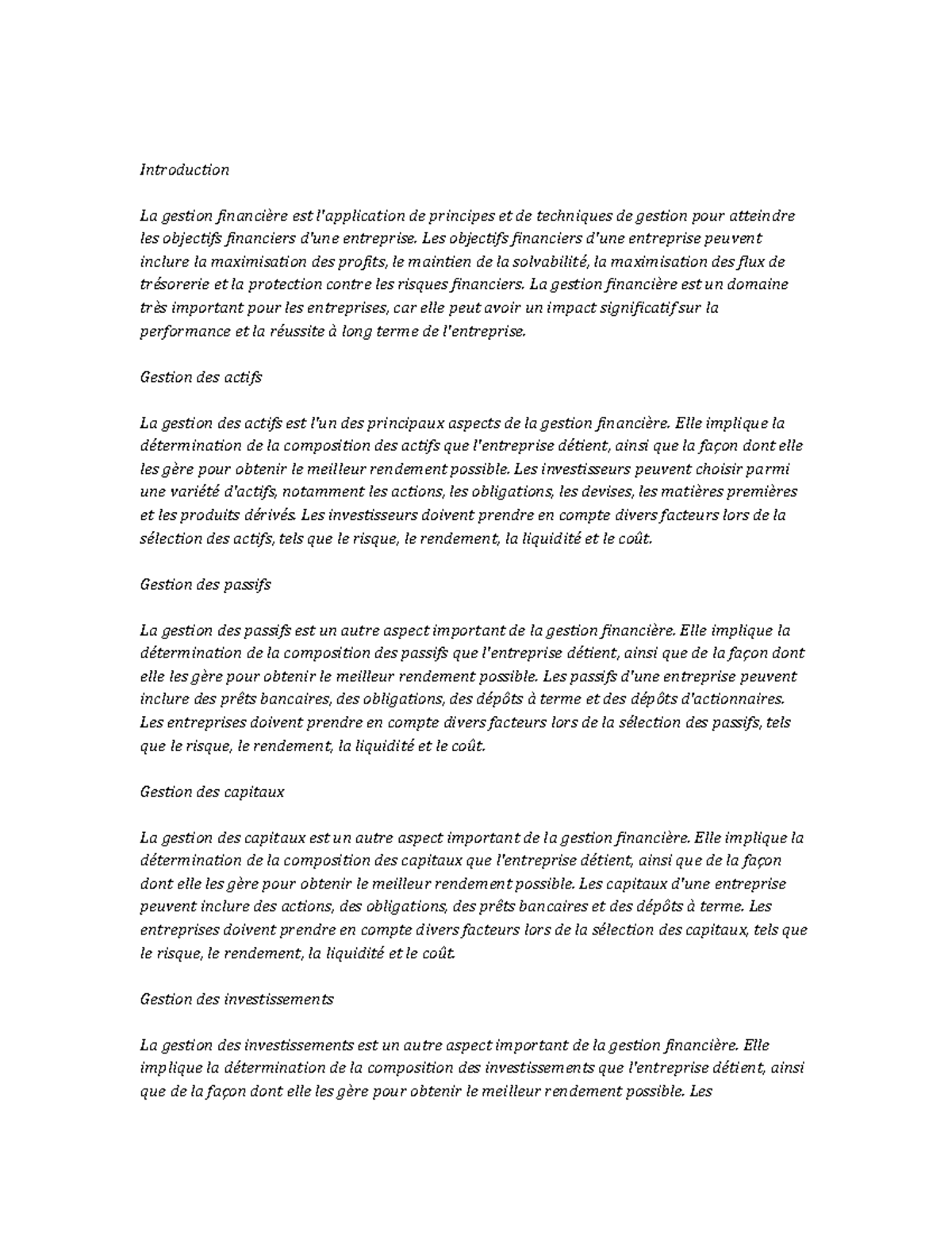 Financial Management note study - Introduction La gestion financière ...