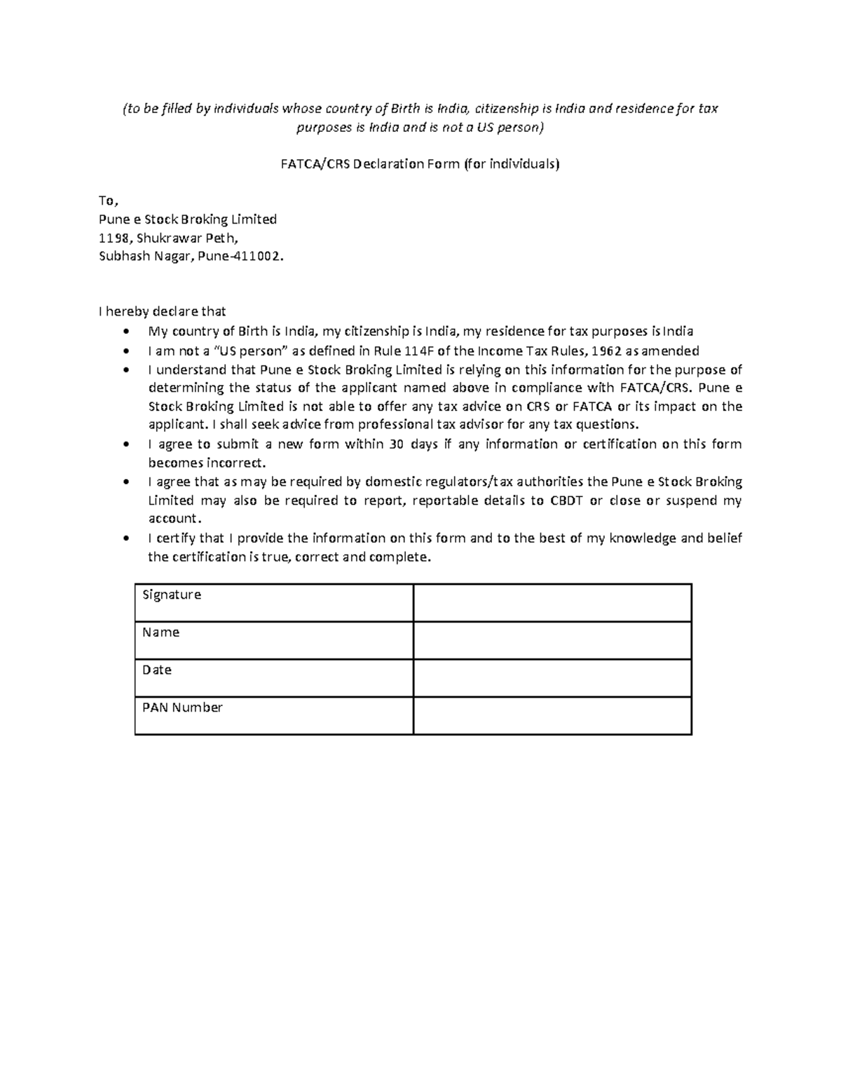 Fatca Individual Form - Important - (to be filled by individuals whose ...