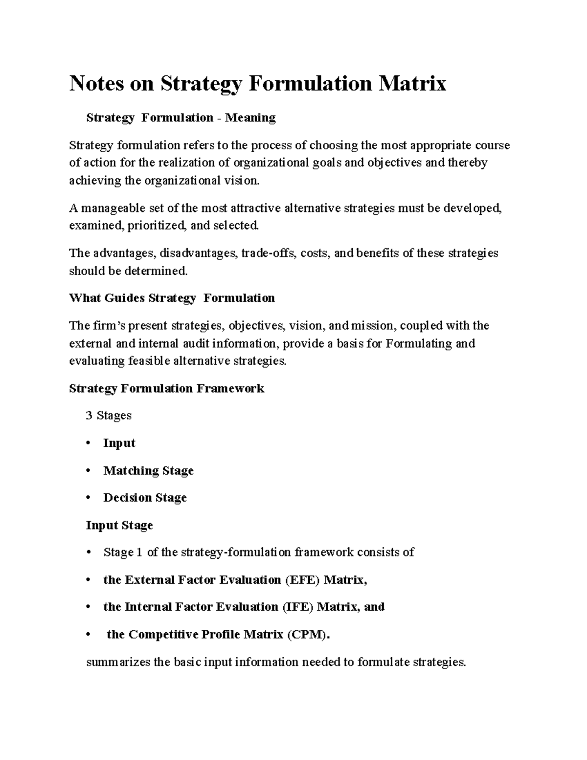 Unit 2 - Notes on Strategy Formulation Matrix - Notes on Strategy ...