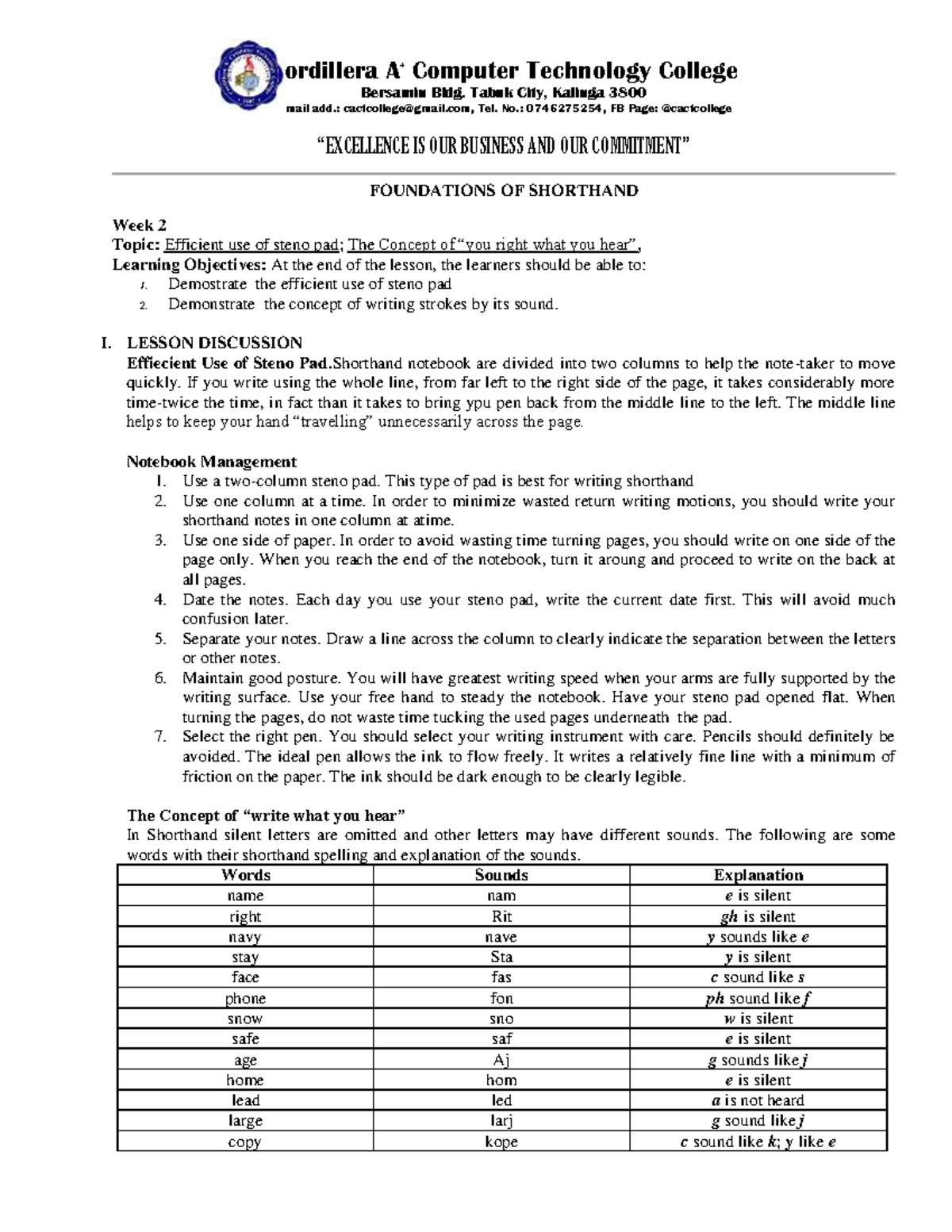 Shorthand writing lesson 2 - Cordillera A+ Computer Technology College ...