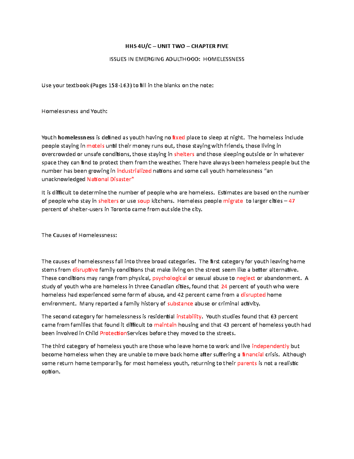 Guided Note Homelessness Answers - HHS 4U/C – UNIT TWO – CHAPTER FIVE ...