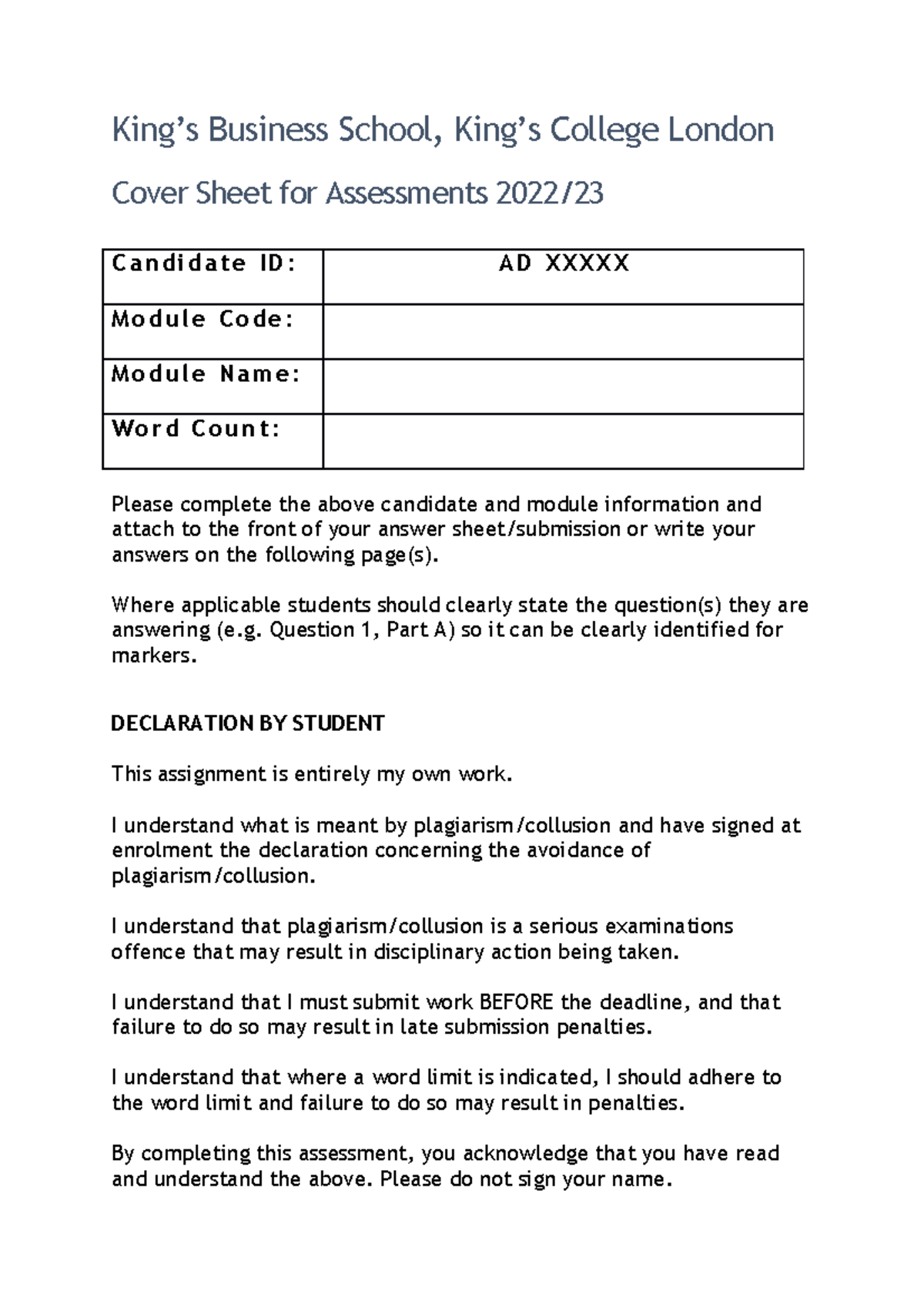 KBS Cover Sheet for Assessments 2022-23 - King’s Business School, King ...