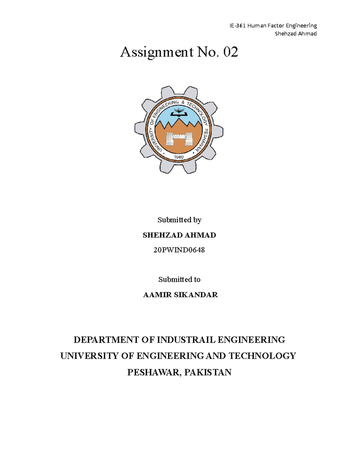 Assignment No 3 - Computer Aided Manufacturing - UET Peshawar - Studocu