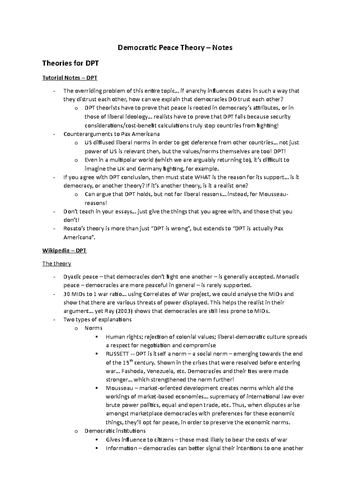 Democratic Peace Theory - Summaries of Readings - Democratic Peace ...