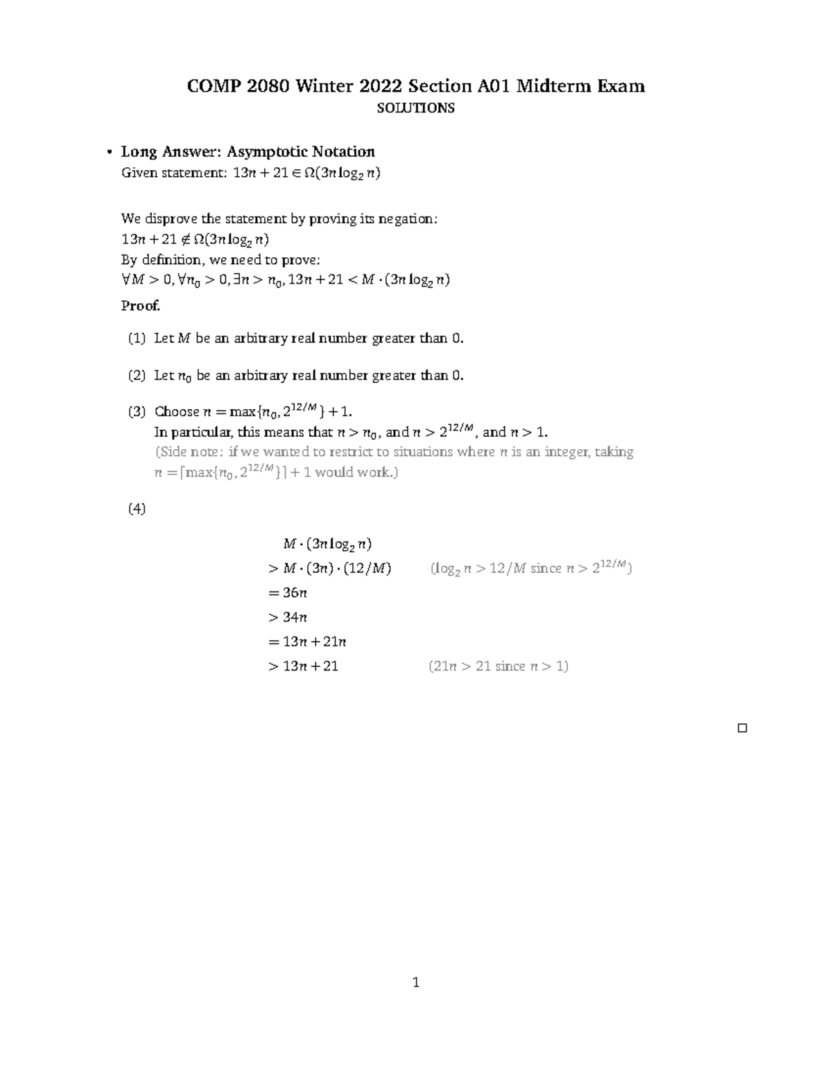 A01 Midterm Solutions - COMP 2080 Winter 2022 Section A01 Midterm Exam SOLUTIONS Long Answer ...