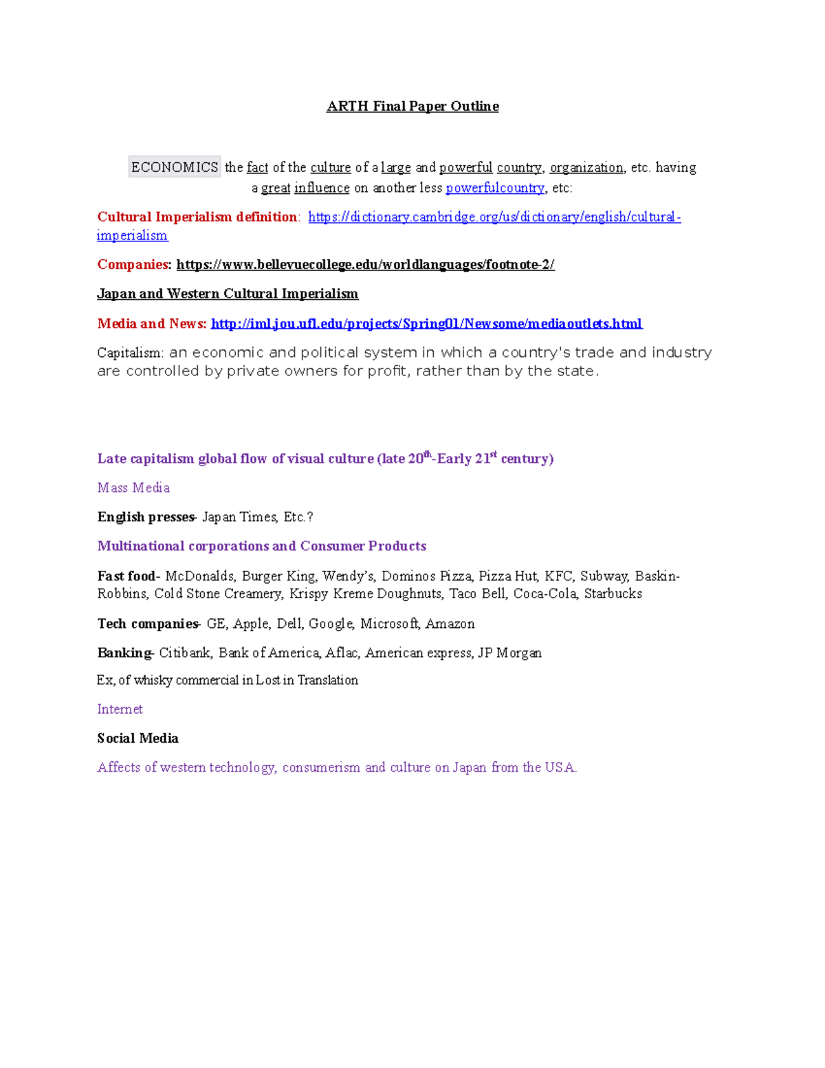 ARTH Final Paper Outline - ARTH Final Paper Outline ECONOMICS the fact ...