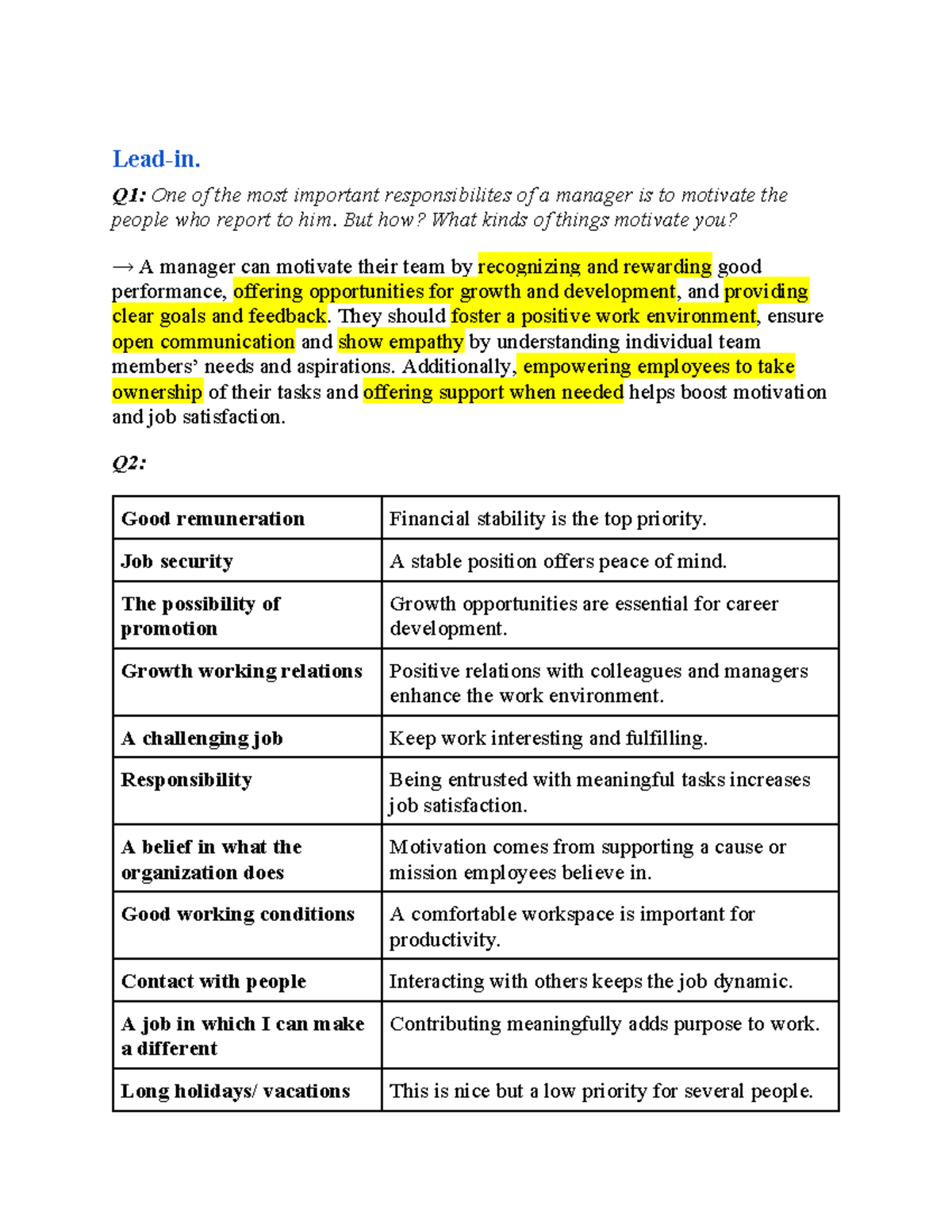 Unit 2 - Motivation - Note from class - Lead-in. Q1: One of the most ...